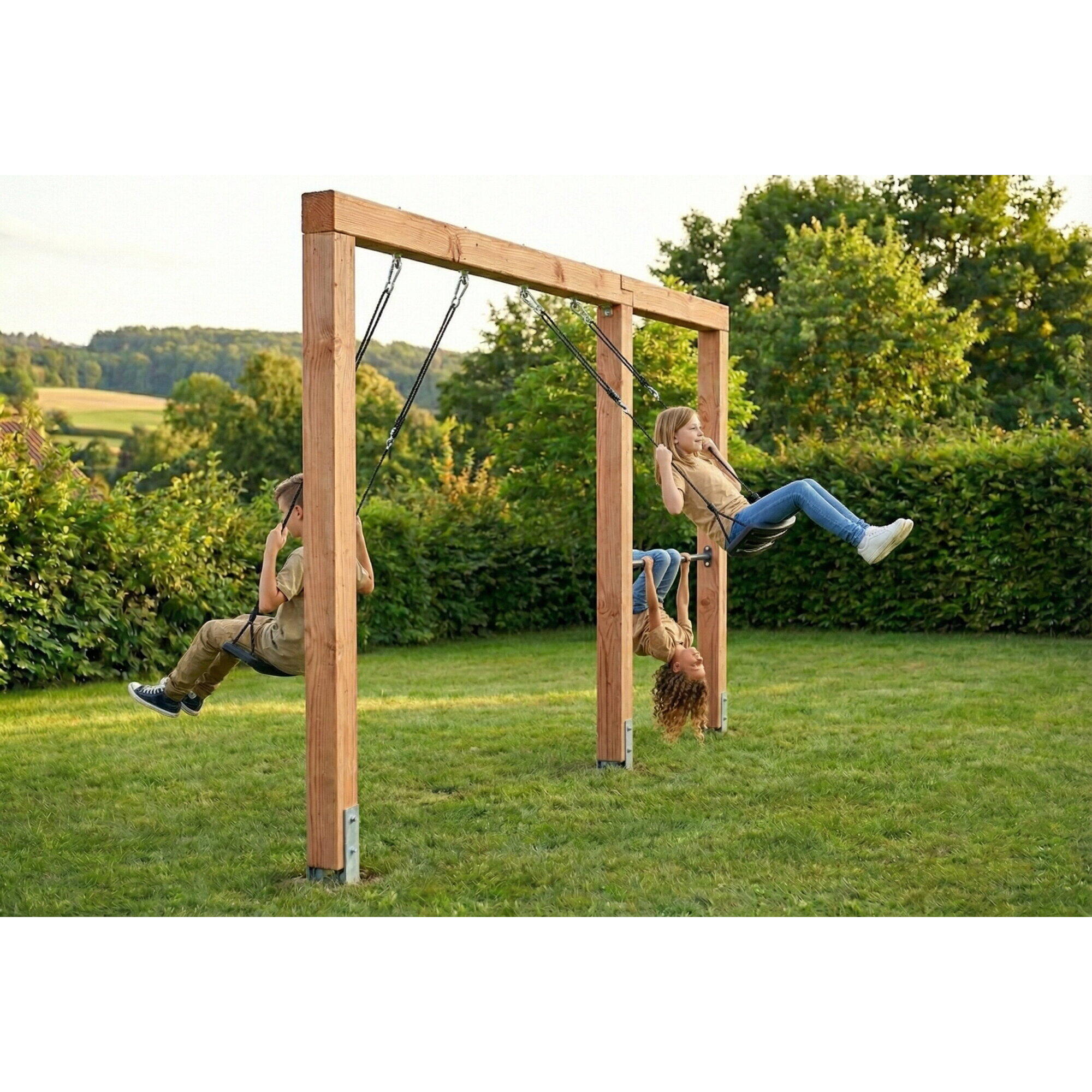 Linea Massiv 140 dubbele houten schommel met duikelrek | Decathlon