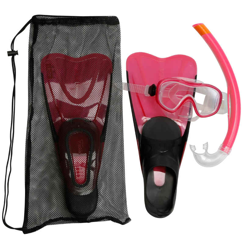 PMT 100 Adult Fins, Mask and Snorkel Snorkelling Set - Pink - Decathlon