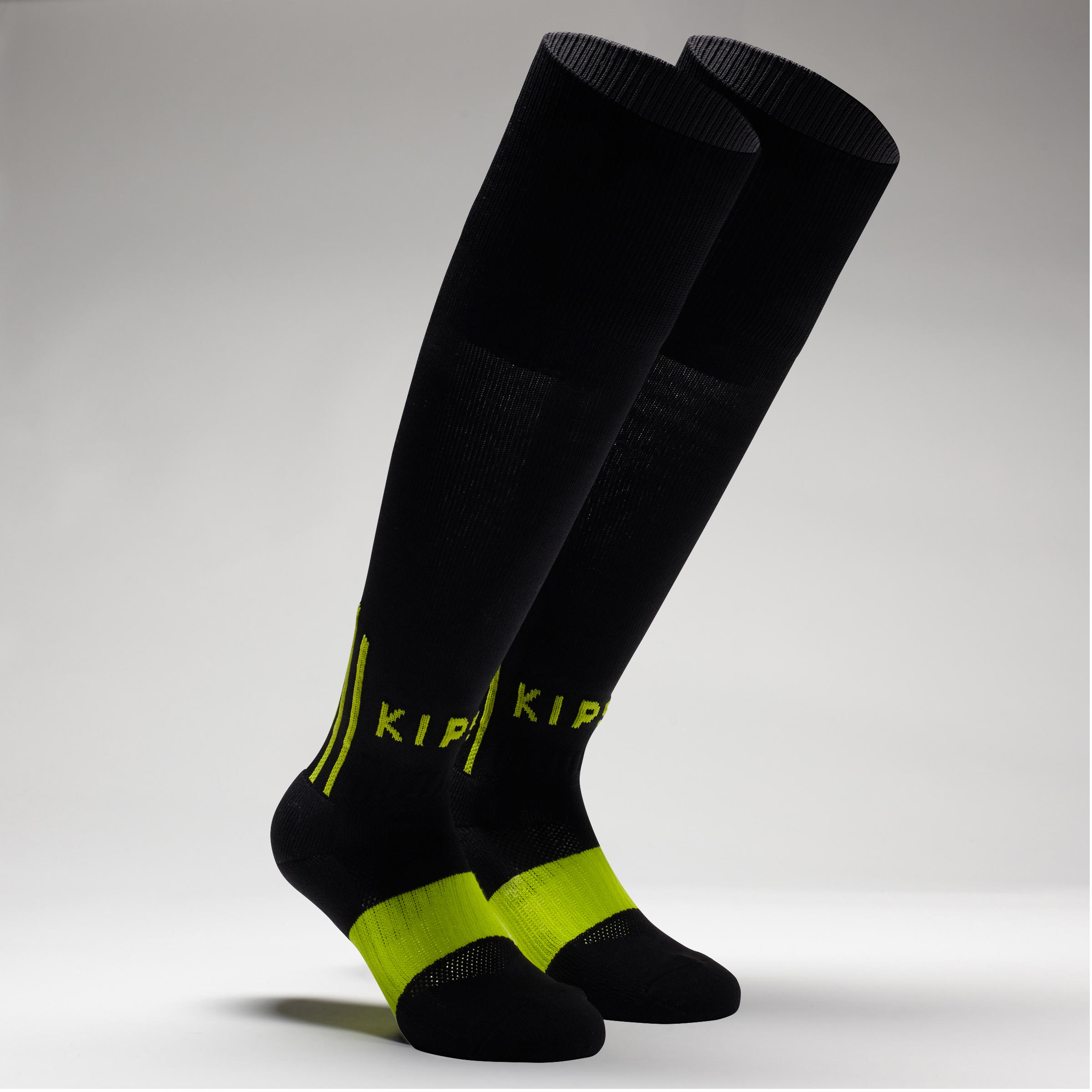 F500 Kids' Football Socks - Black/Neon Yellow - Decathlon