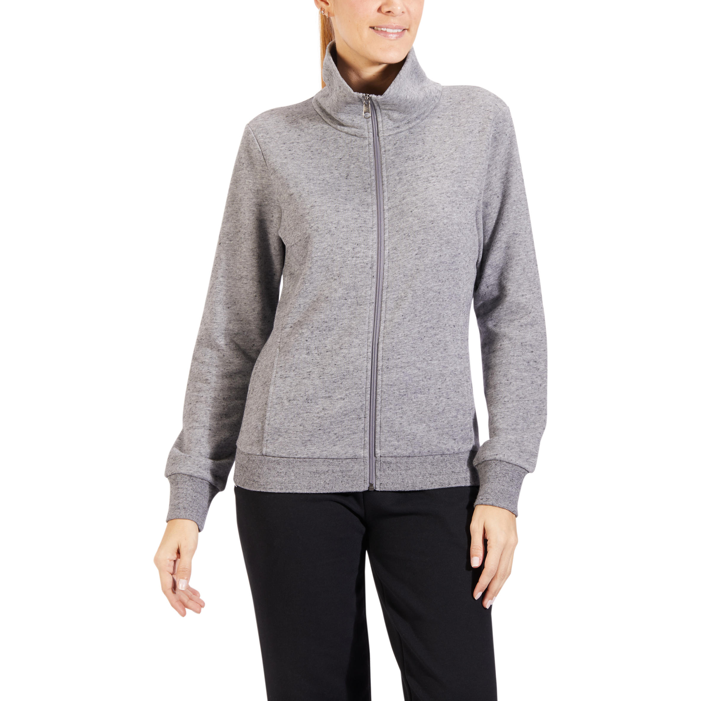 500 Women's High-Neck Pilates Gentle Gym Jacket - Mottled Grey - Decathlon