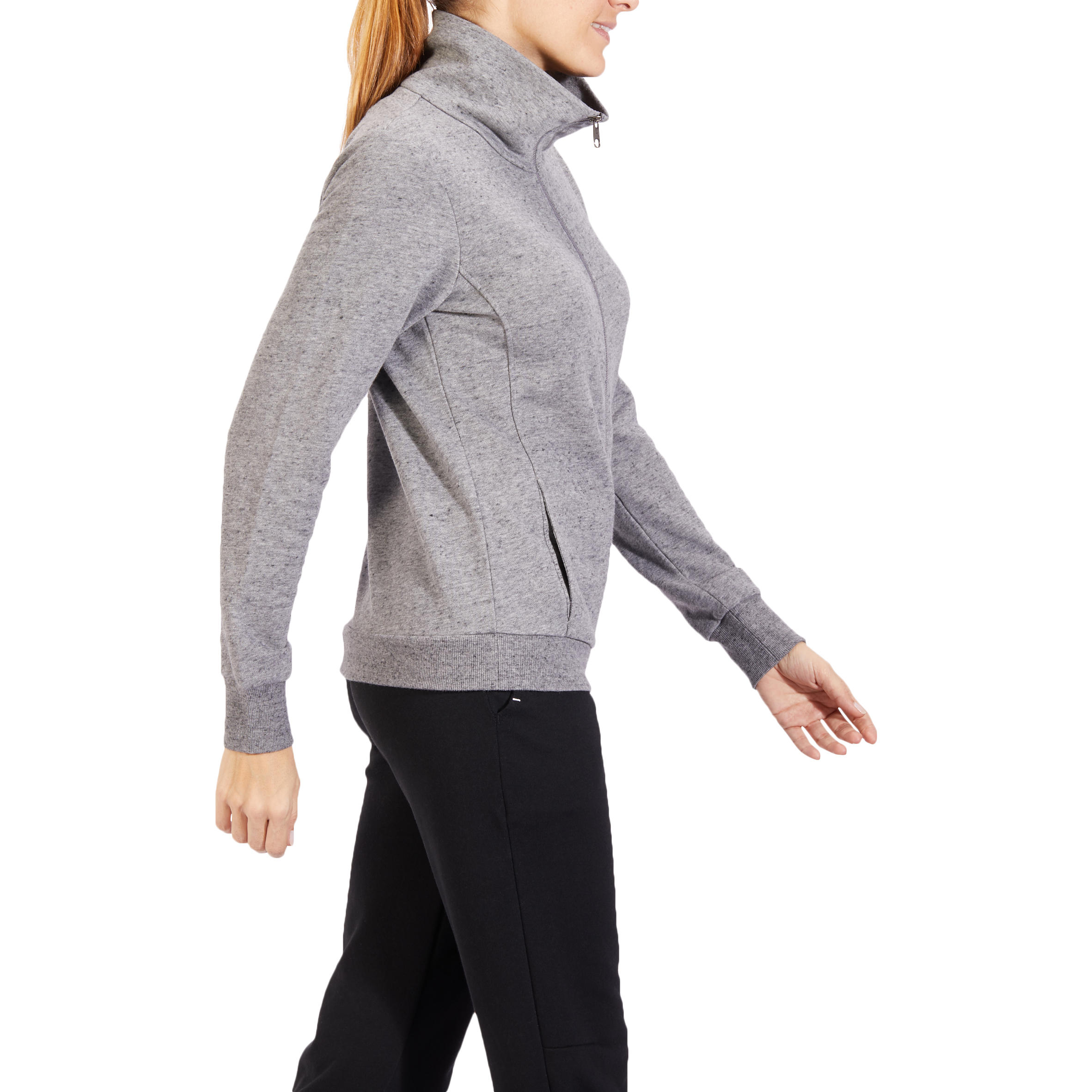 500 Women's High-Neck Pilates Gentle Gym Jacket - Mottled Grey - Decathlon