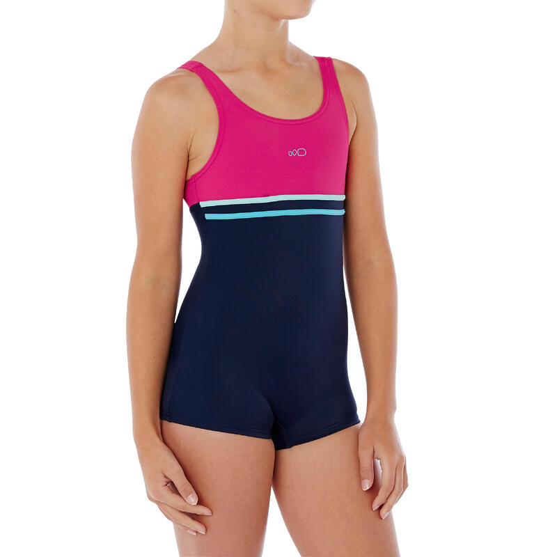 Loran Girls One Piece Shorty Swimsuit Blue And Pink Nabaiji Decathlon