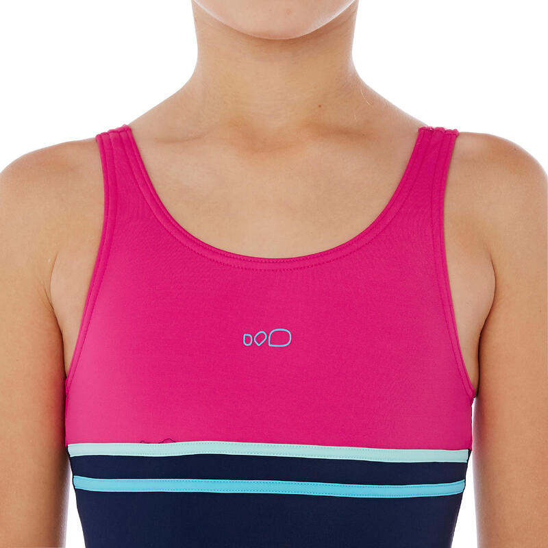 Loran Girls One Piece Shorty Swimsuit Blue And Pink Nabaiji Decathlon