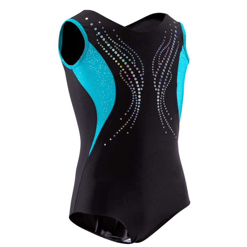 Domyos Girls Artistic Gymnastics Leotard Black Turquoise Sequins
