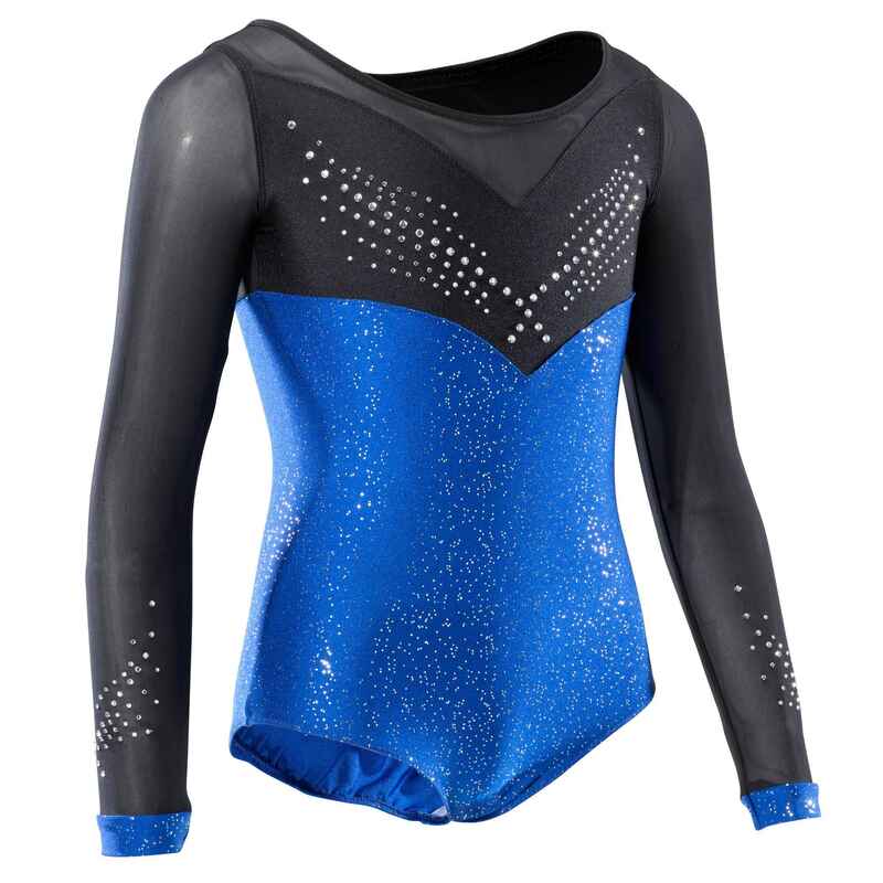 Girls Artistic Gymnastics Long Sleeved Leotard Blue Rhinestones