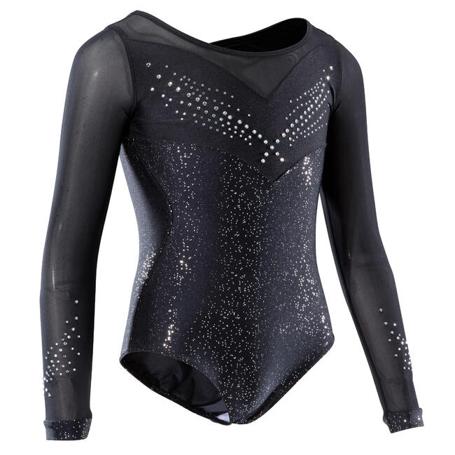Girls Artistic Gymnastics Long Sleeved Leotard Black Rhinestones