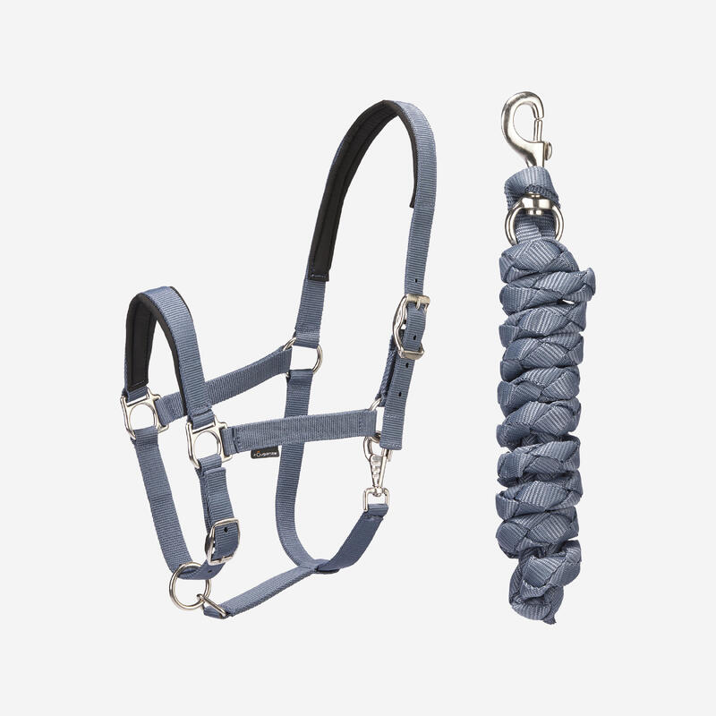 Horse Riding Halter + Leadrope Set - Nubuck/Blue-Grey FOUGANZA - Decathlon