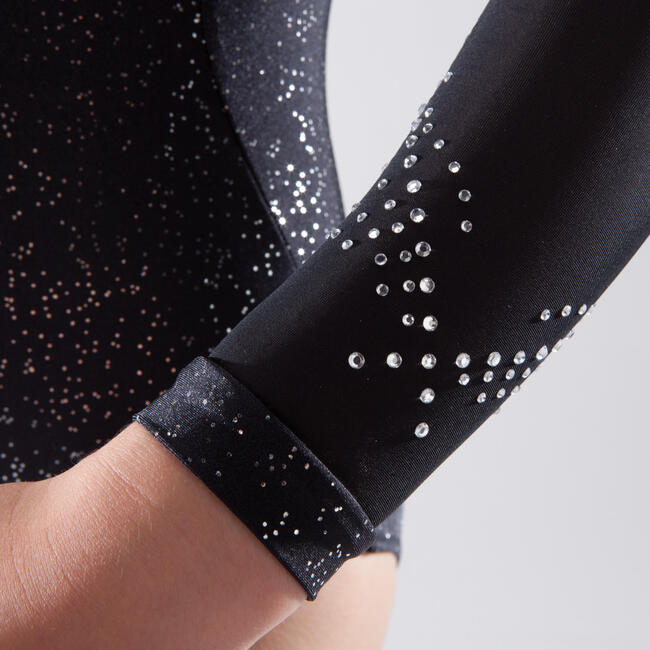 Girls Artistic Gymnastics Long Sleeved Leotard Black Rhinestones