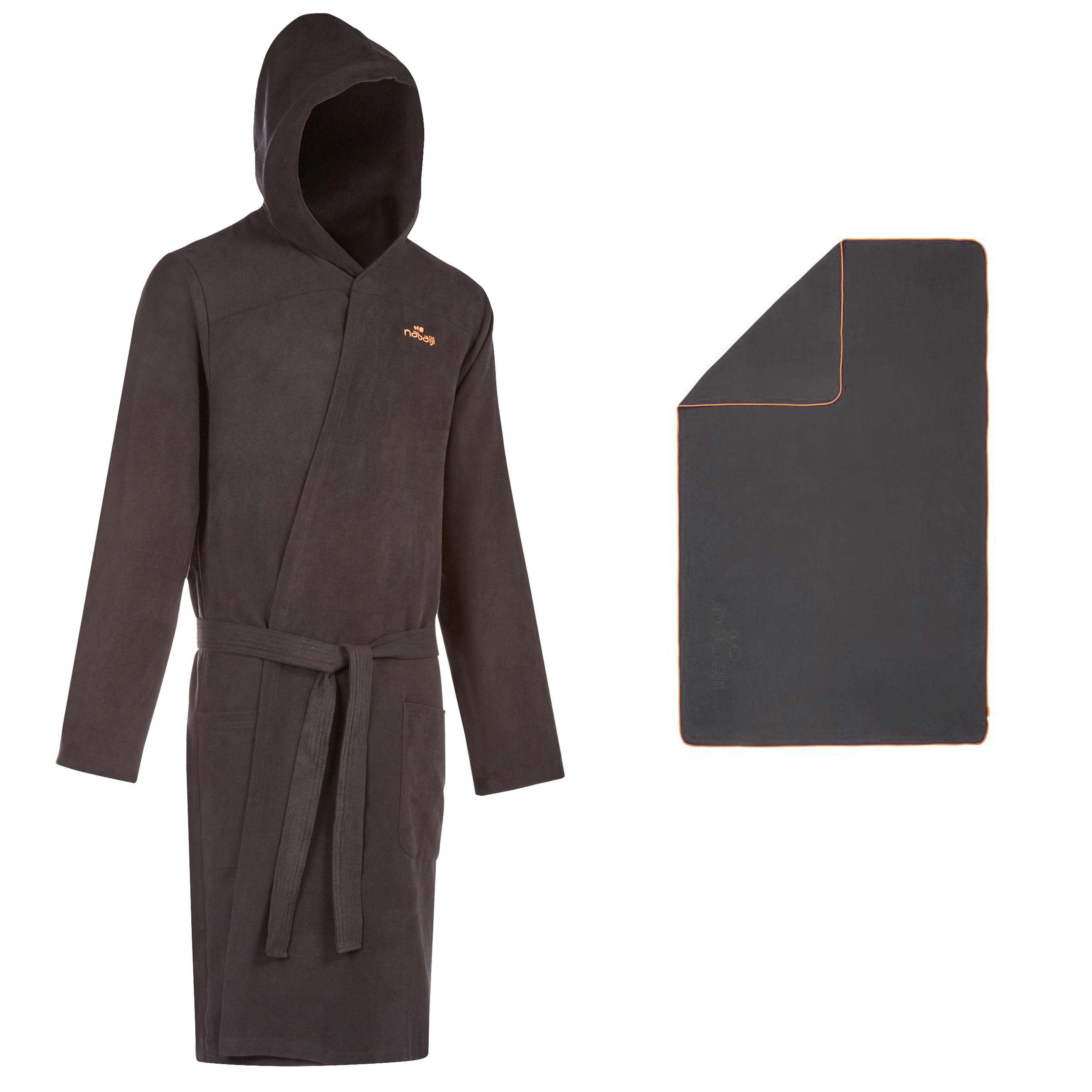 Bathrobe and Size L (80 x 130 cm) Microfibre Towel Pack - Black - Decathlon