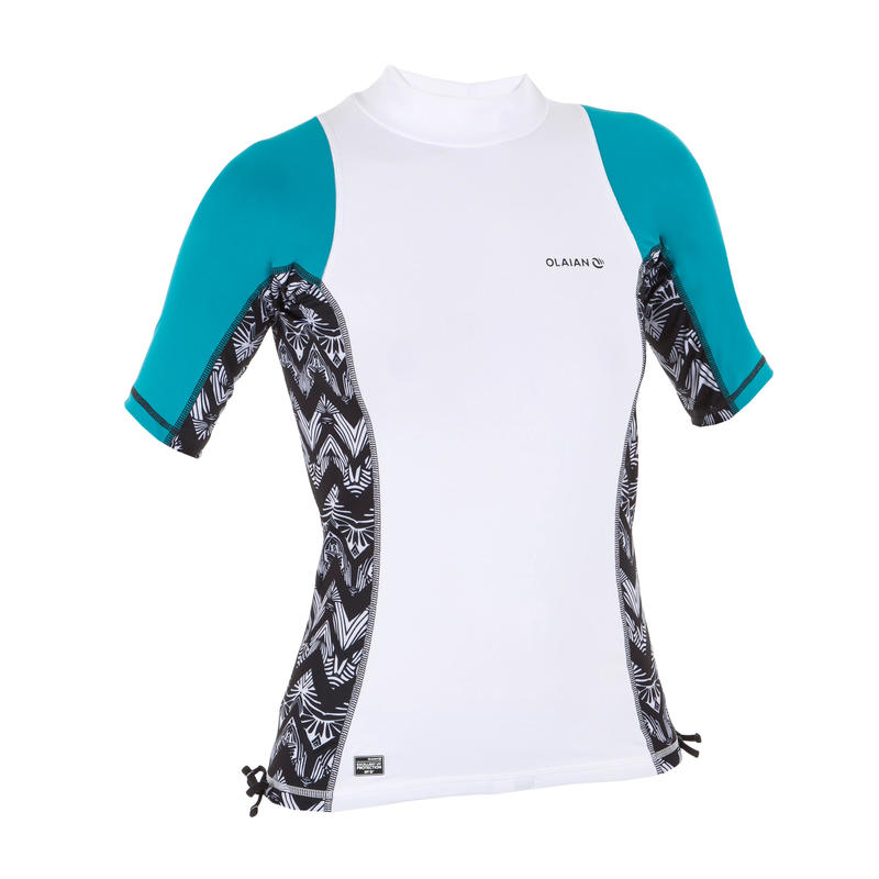 Tee Shirt Anti Uv Surf Top 500 Manches Courtes Femme Turquoise Et Blanc