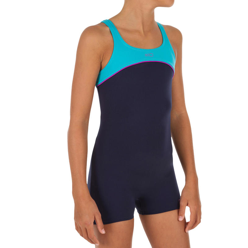 Taïs Girls One Piece Shorty Swimsuit Blue Decathlon
