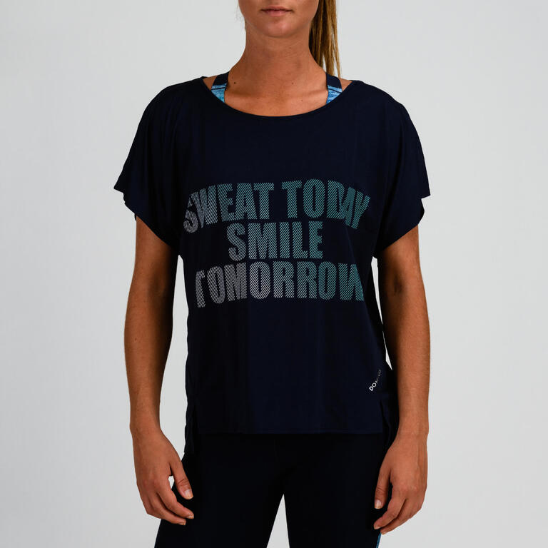 Women's Polyester Loose Fit Fitness T-shirt - Navy Blue Print