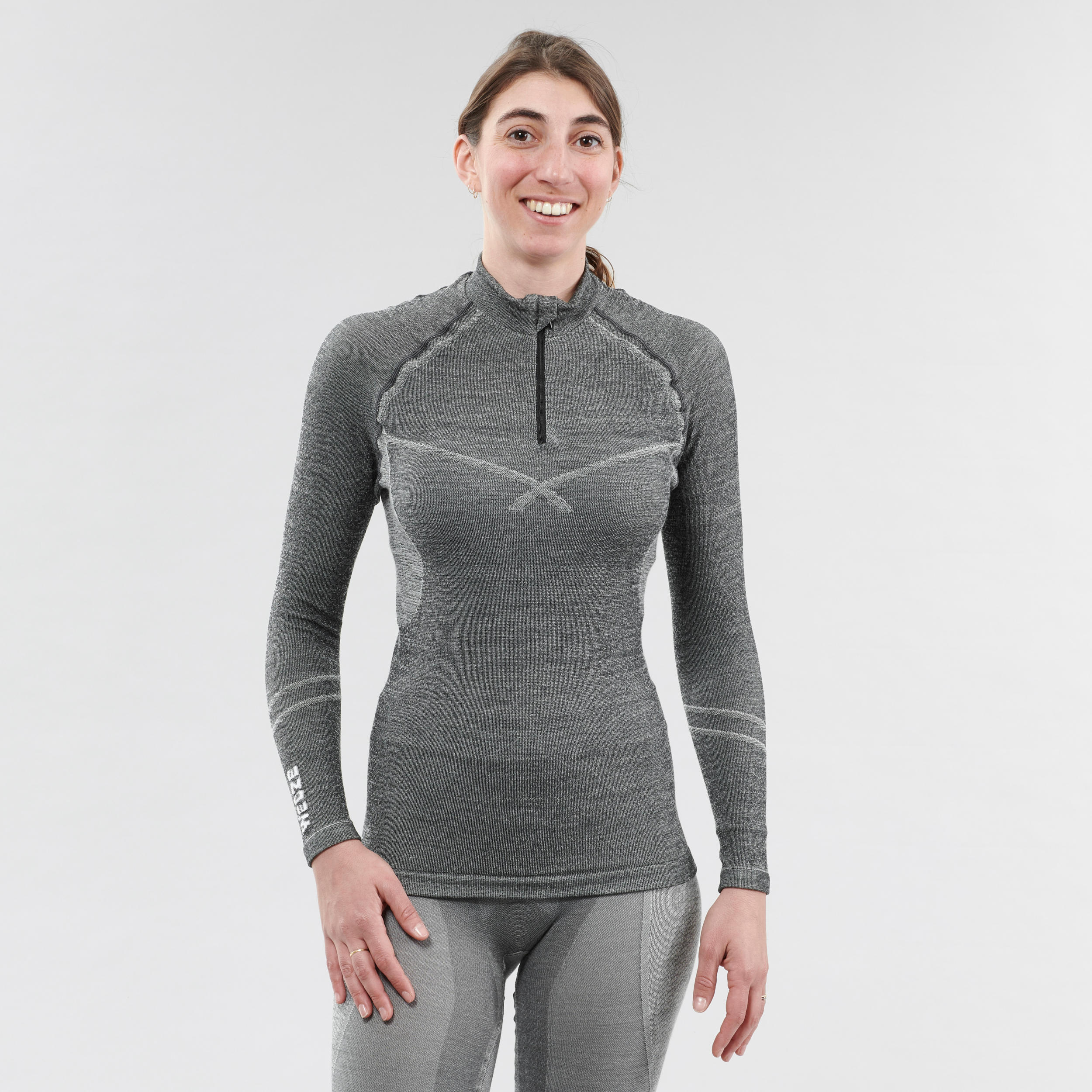 Women Ski Base Layer Wool Top Wedze 900 1/2 Zip - Grey