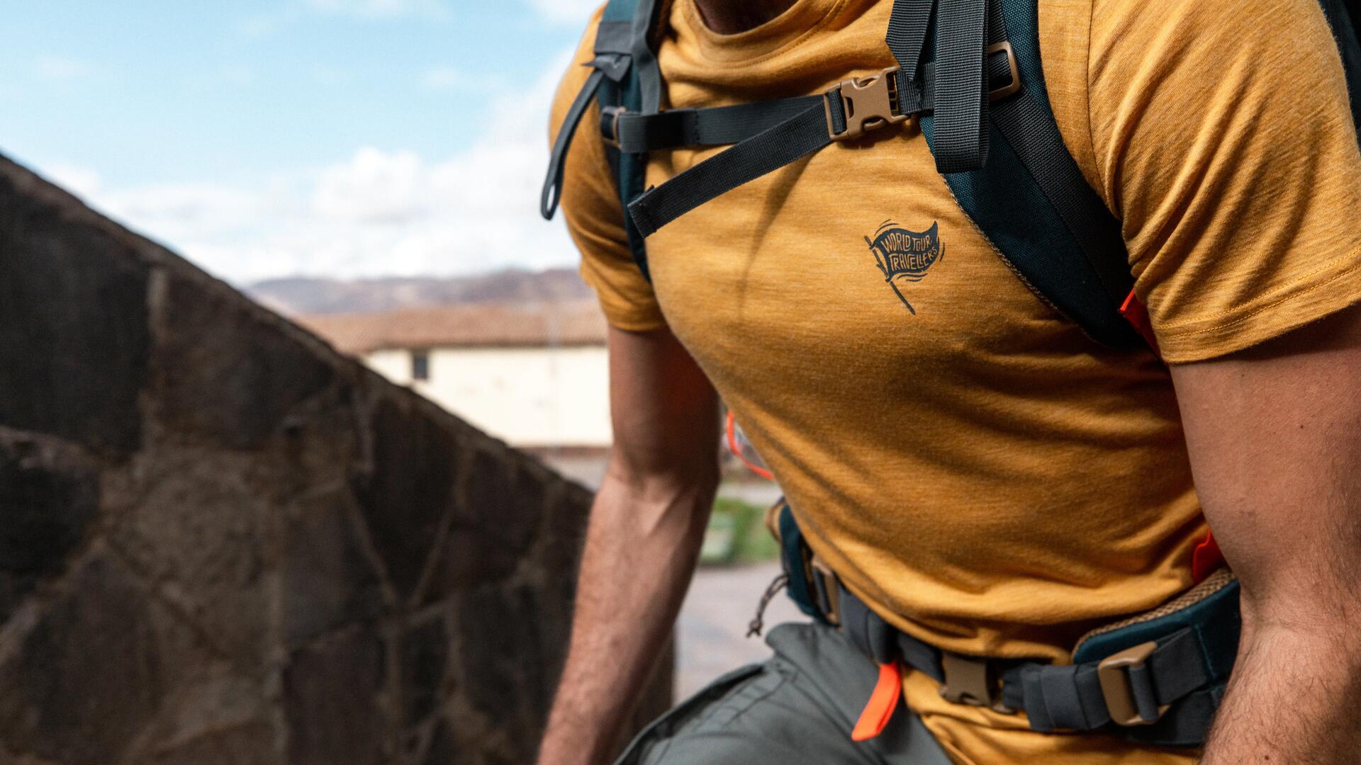 Men’s short-sleeved Merino wool hiking travel t-shirt - TRAVEL 500 blue ...