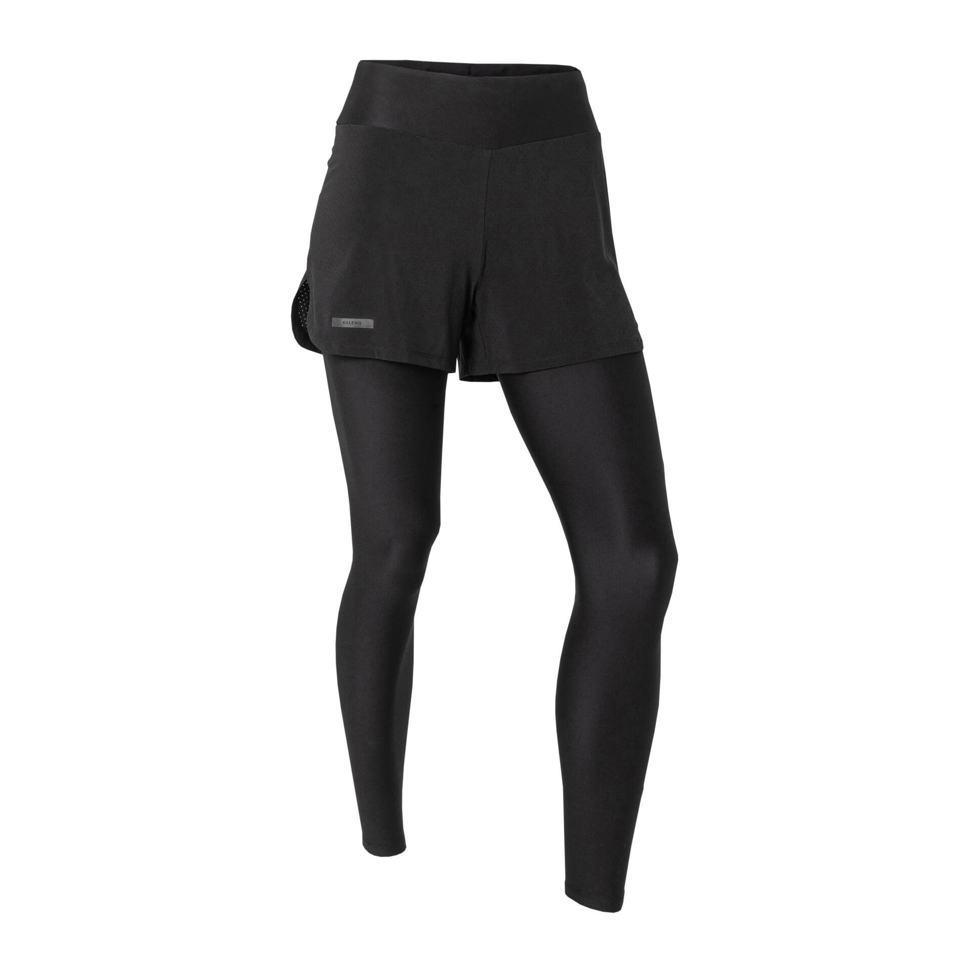 WOMEN'S RUNNING LEGGINGS WITH BUILT-IN SHORTS RUN DRY+ - BLACK
