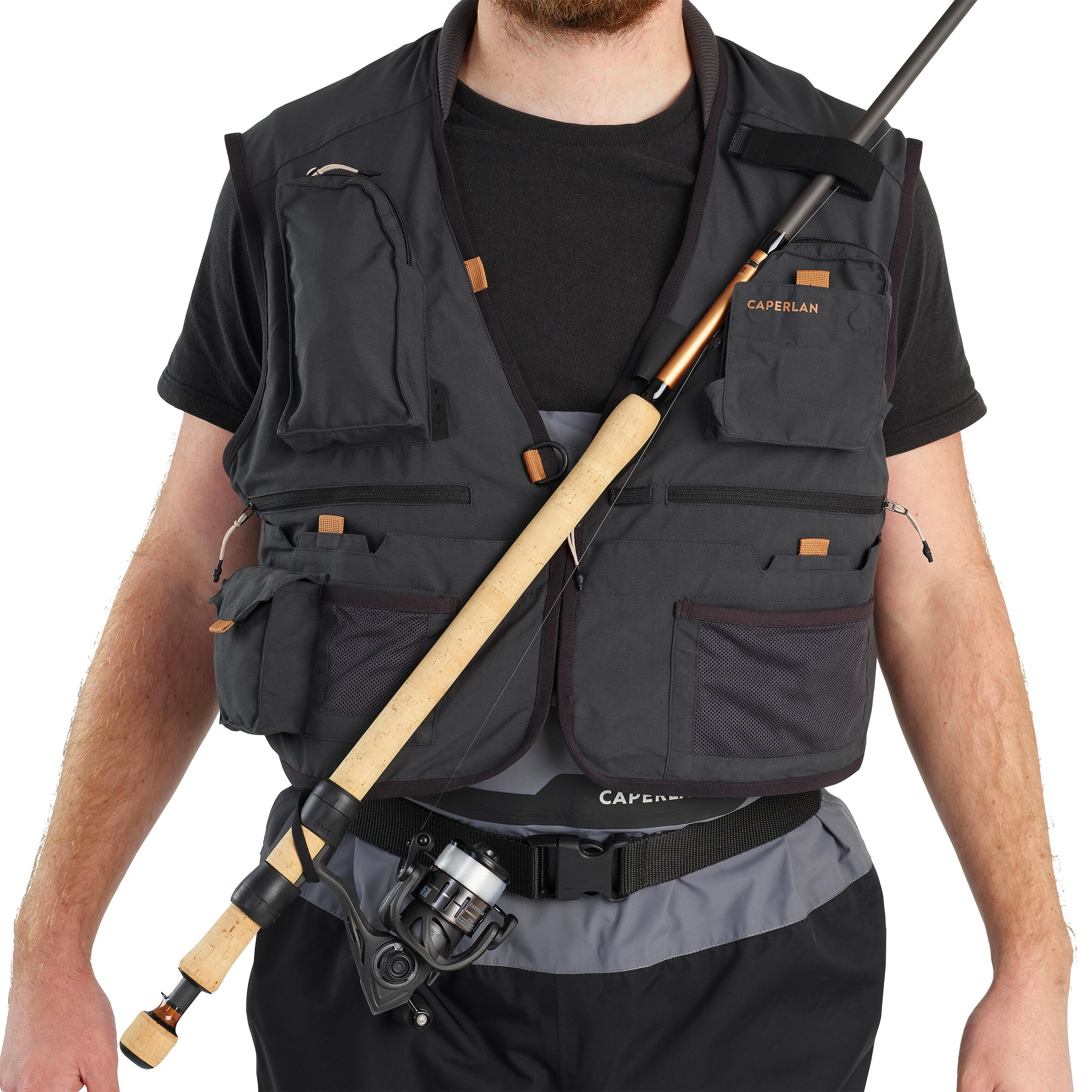 Fishing Wading Vest - FV 500 WD Grey - Carbon grey, Linen - Caperlan ...