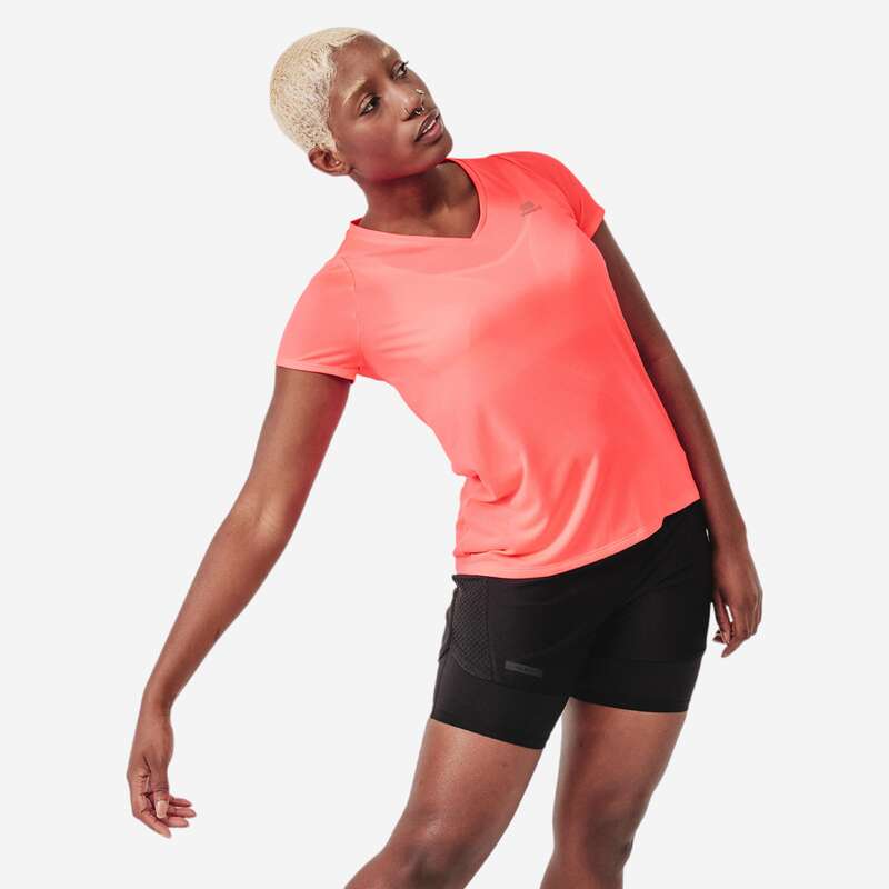 T Shirt De Corrida Run Dry Mulher Rosa Coral Fluo Kalenji À Venda Na