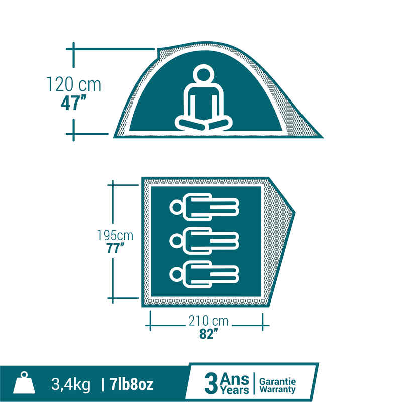 Carpa impermeable para 3 personas para camping MH100 Quechua gris ...