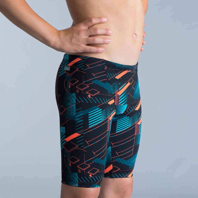 Boys’ Swimming Jammer Fitib Black / Bright Red / Turquoise - Decathlon
