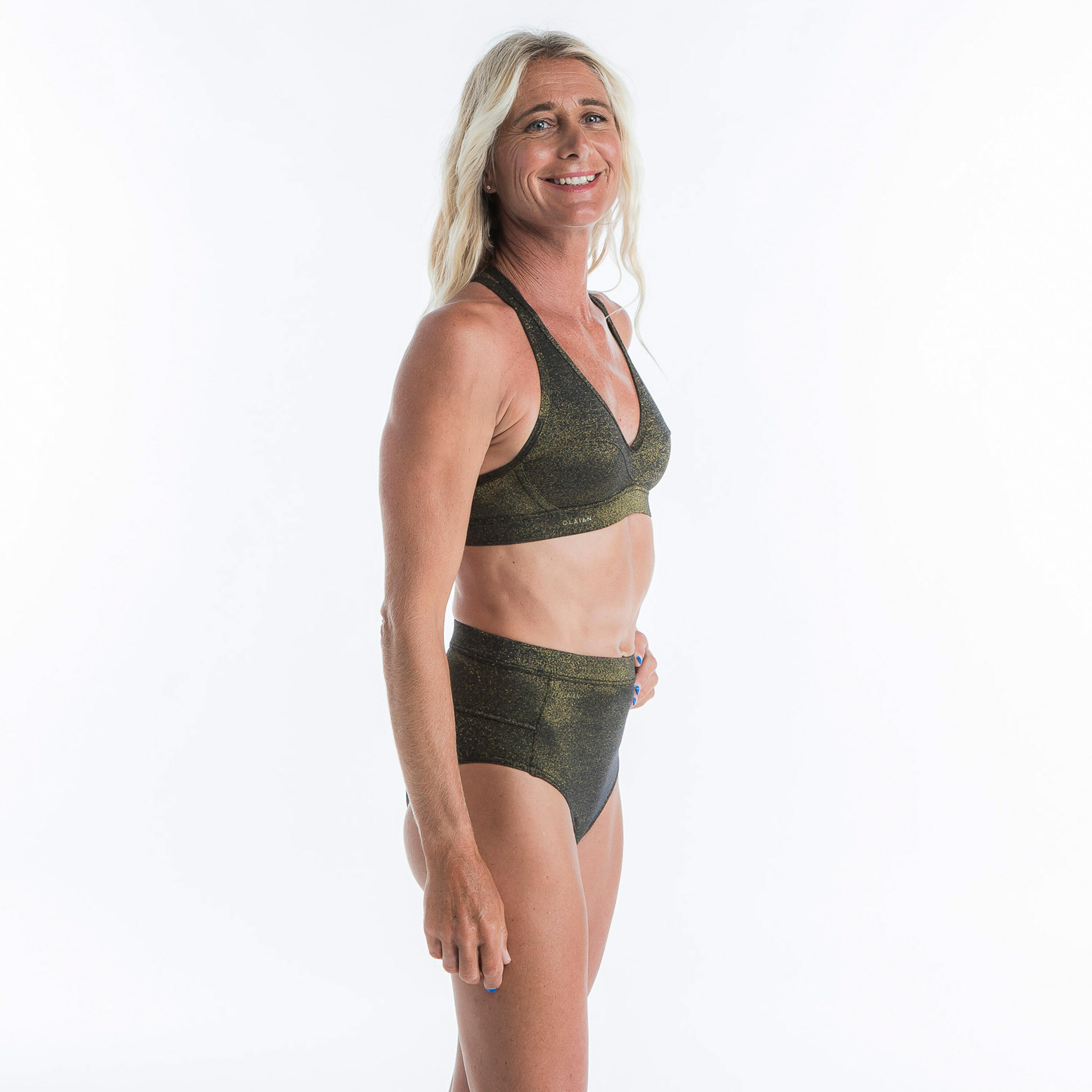 Womens Surfing Swimsuit Crop Top Ana Sparkle Black And Gold Olaian