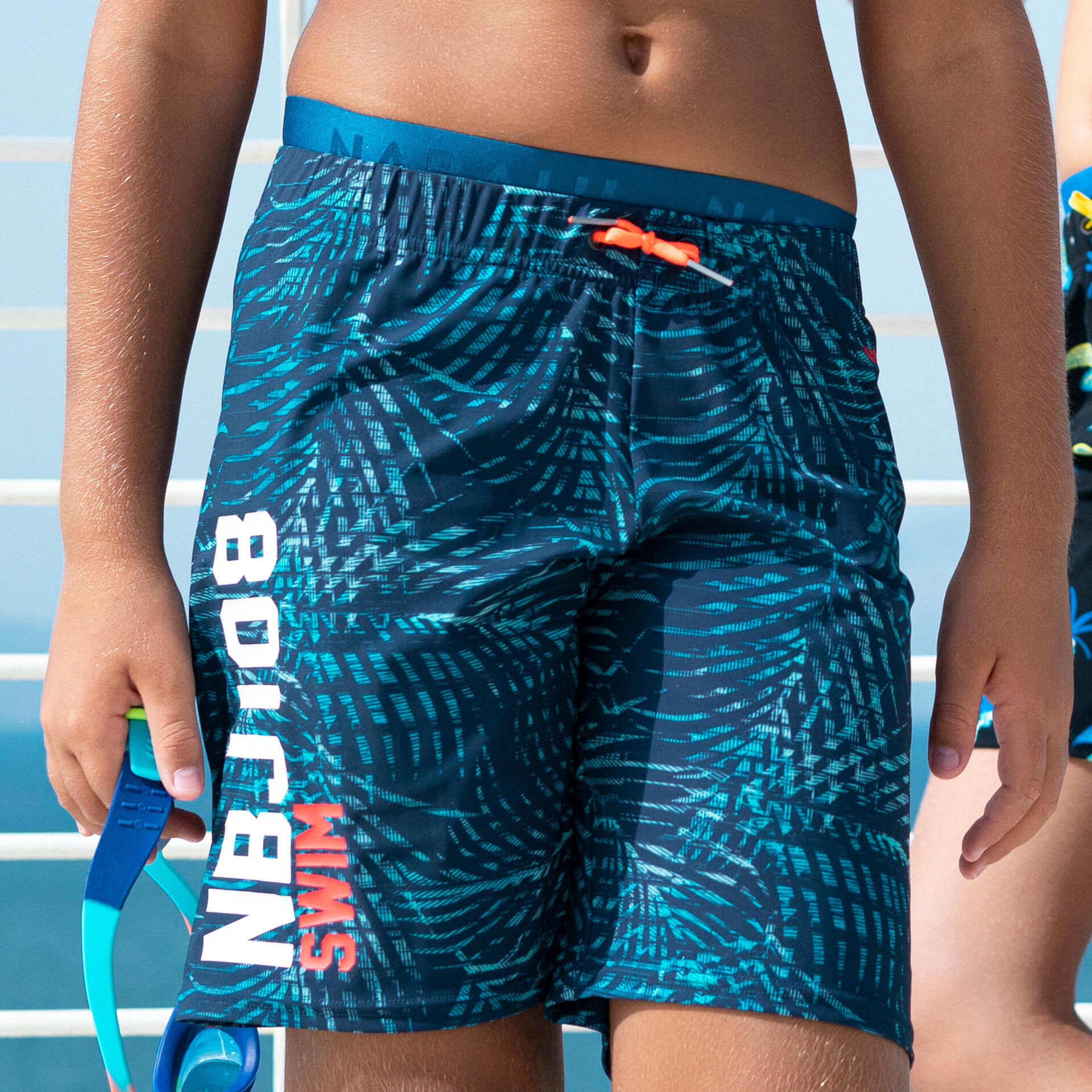 Boys’ Swimming Shorts 100 Long - All-over Palm Blue