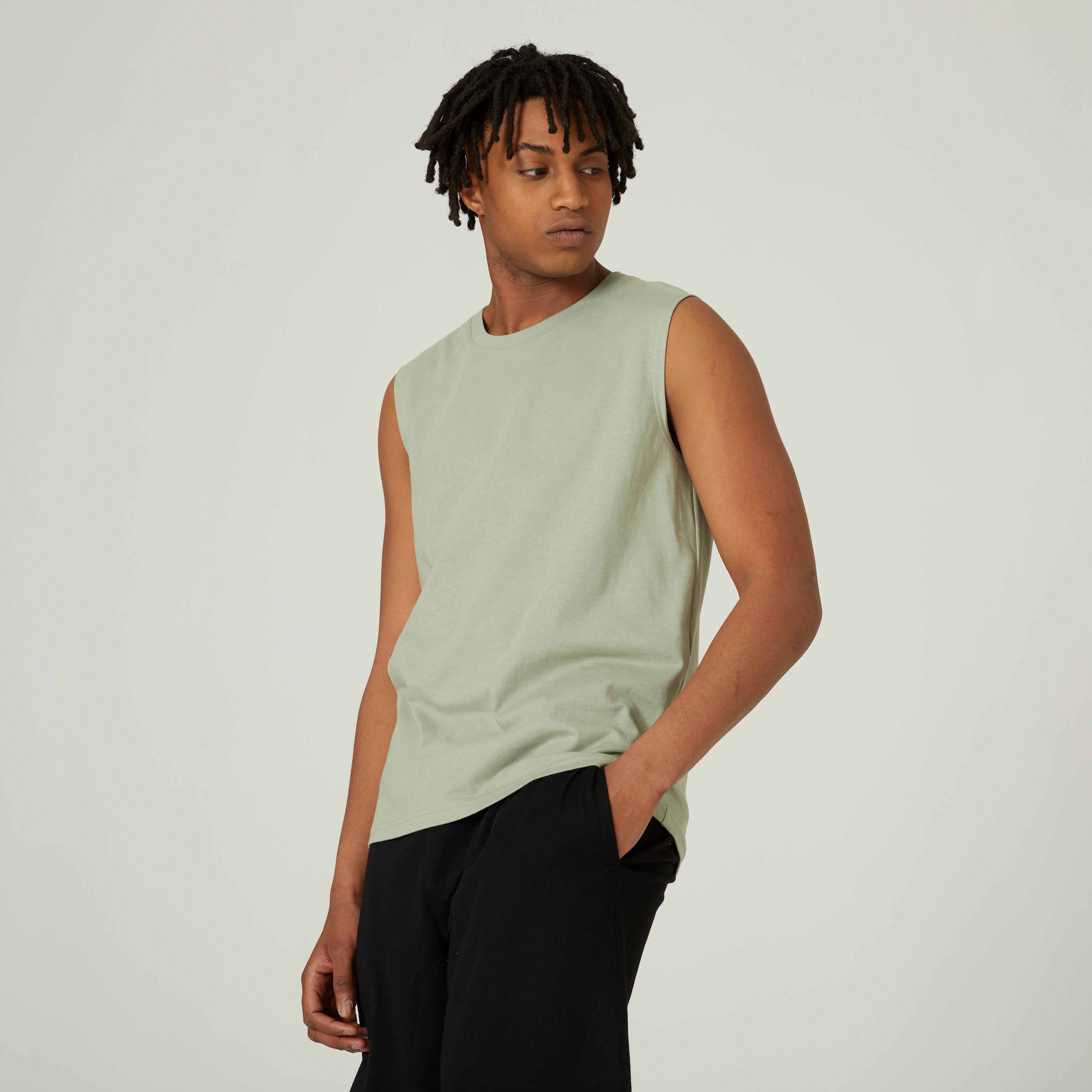 Men's Straight-Cut Crew Neck Stretchy Cotton Fitness Tank Top 500 ...