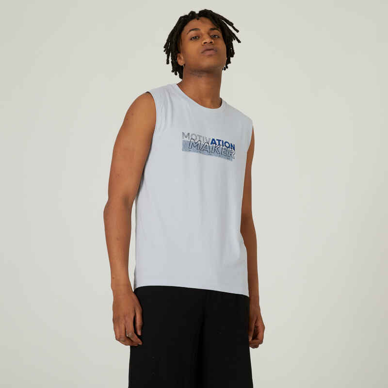 Men's Straight-Cut Crew Neck Stretchy Cotton Fitness Tank Top 500 ...