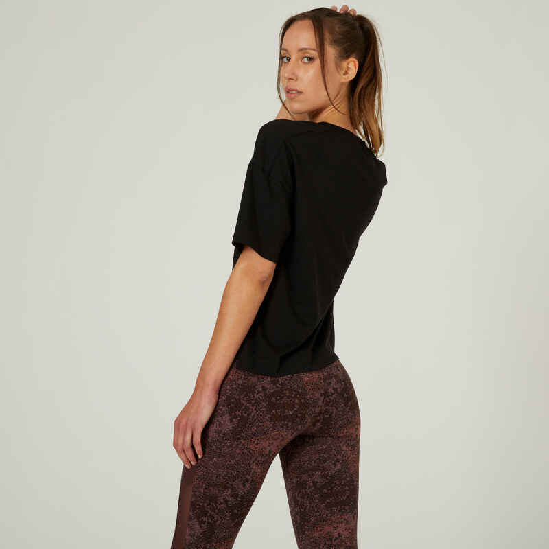 ДАМСКА ТЕНИСКА ЗА ФИТНЕС 520 Loose ШИРОК МОДЕЛ ЧЕРНА Decathlon