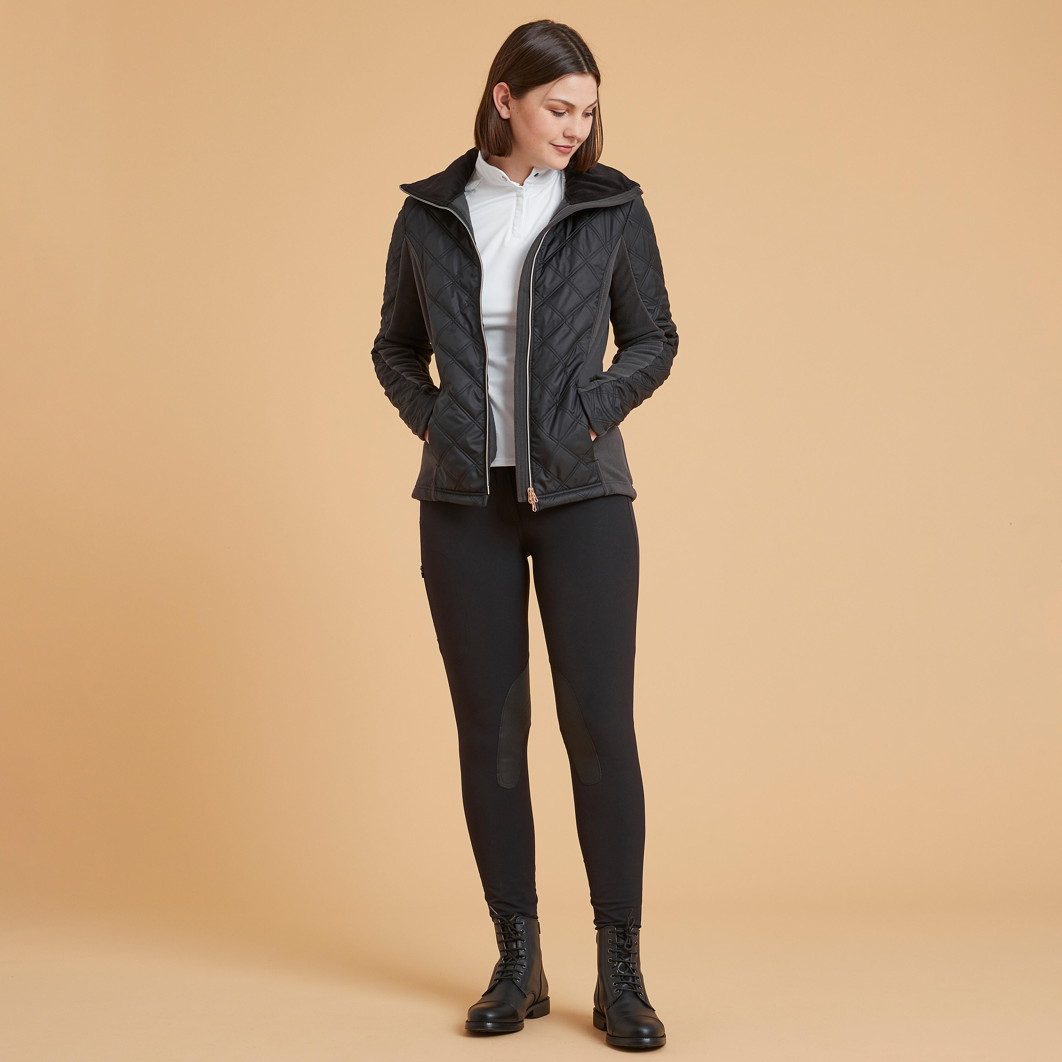 Women's Bi-Material Horse Riding Fleece 500 - Gold Zip/Grey - Decathlon