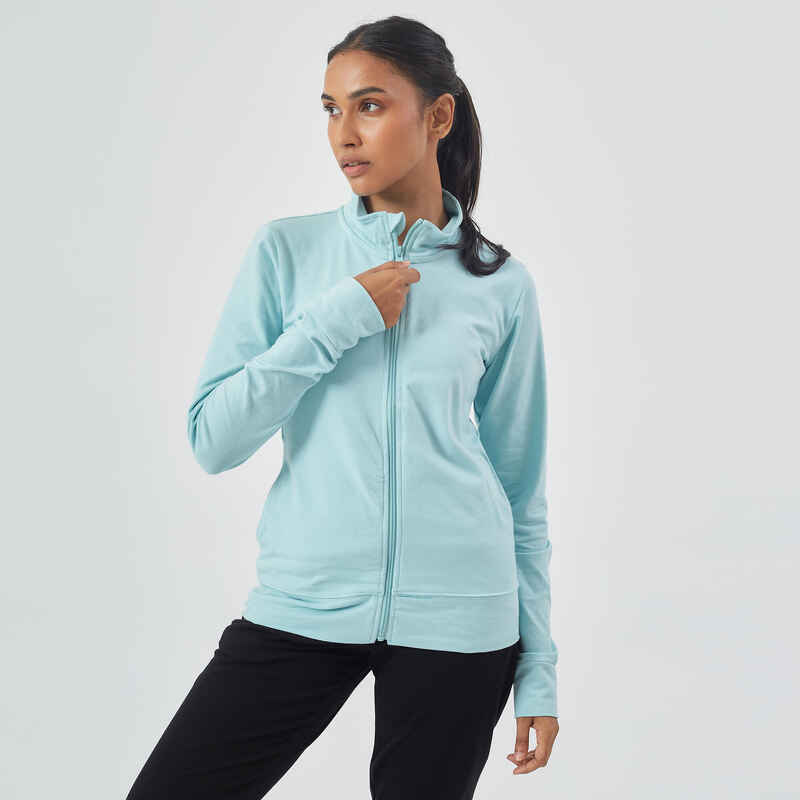100 Women's Pilates & Gentle Gym Jacket - Light Blue - Decathlon