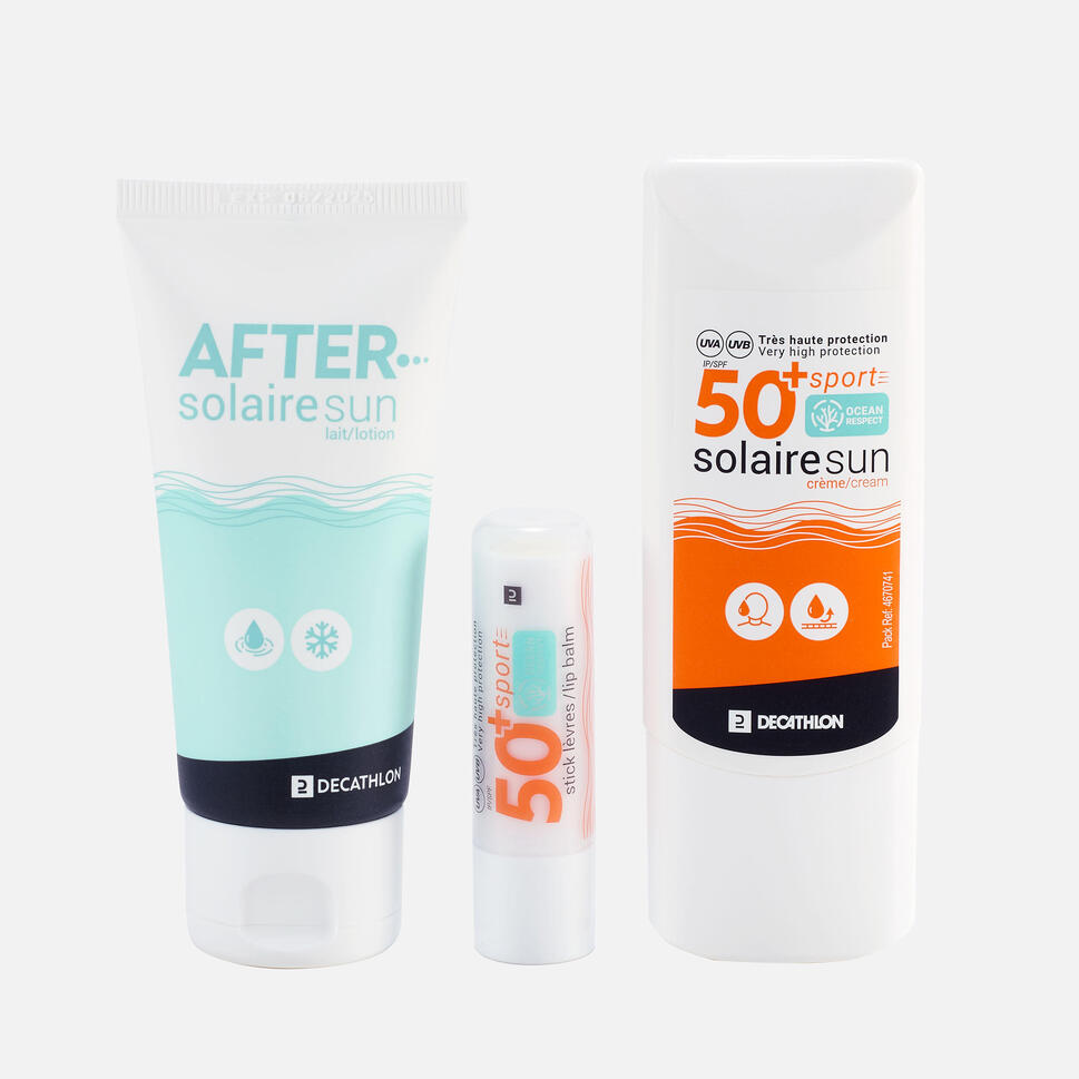 Kit solaire : crème SPF 50+ / stick lèvres SPF 50+ / gel après soleil ...
