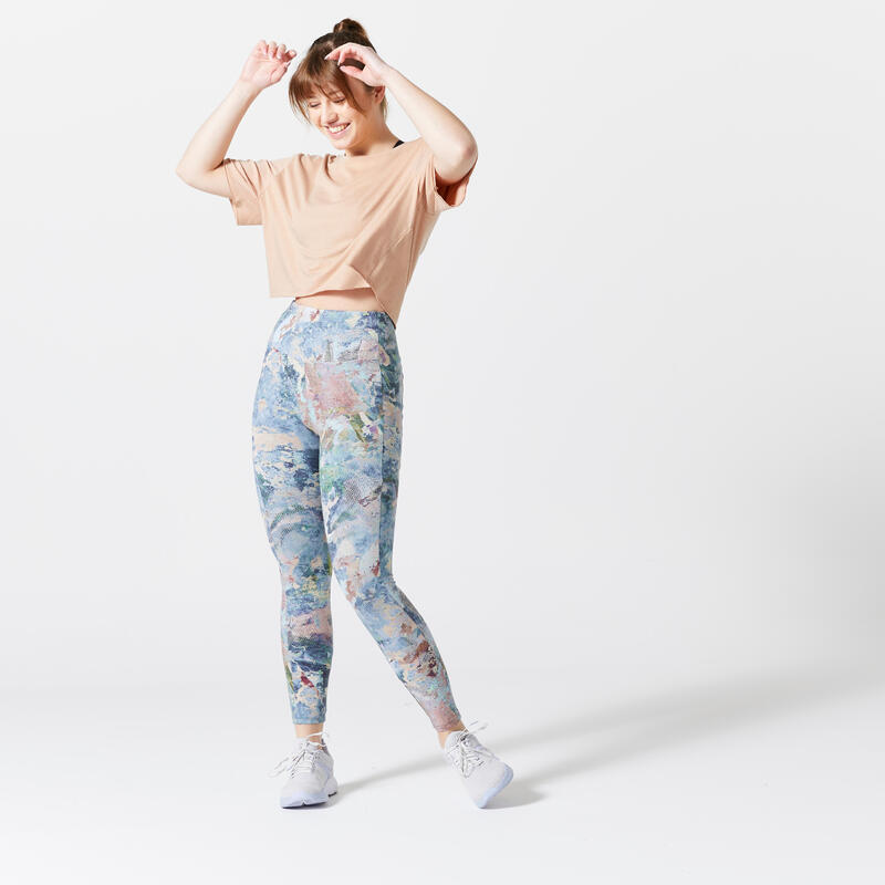 Leggings Damen Figurformend 520 Bedruckt Dunkellila Domyos Decathlon