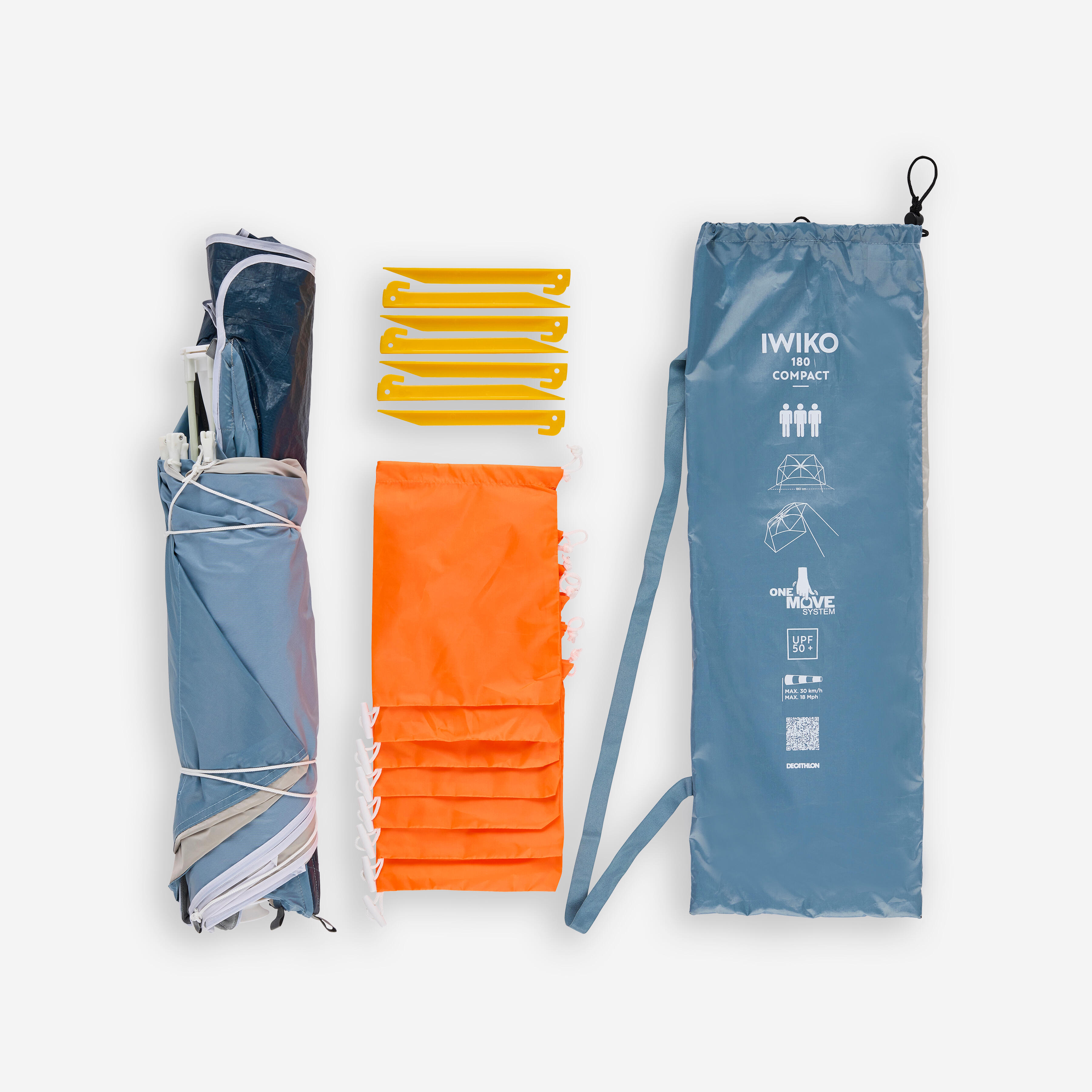 КОМПАКТЕН ПЛАЖЕН ЗАСЛОН С ДИАМЕТЪР 180 СМ, UPF50+, 3-МЕСТЕН, СИВО ...