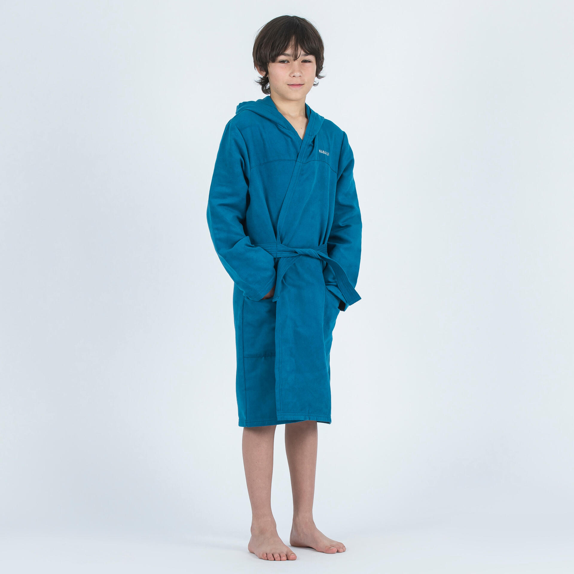 Kids’ microfibre compact hooded bathrobe in prussian blue