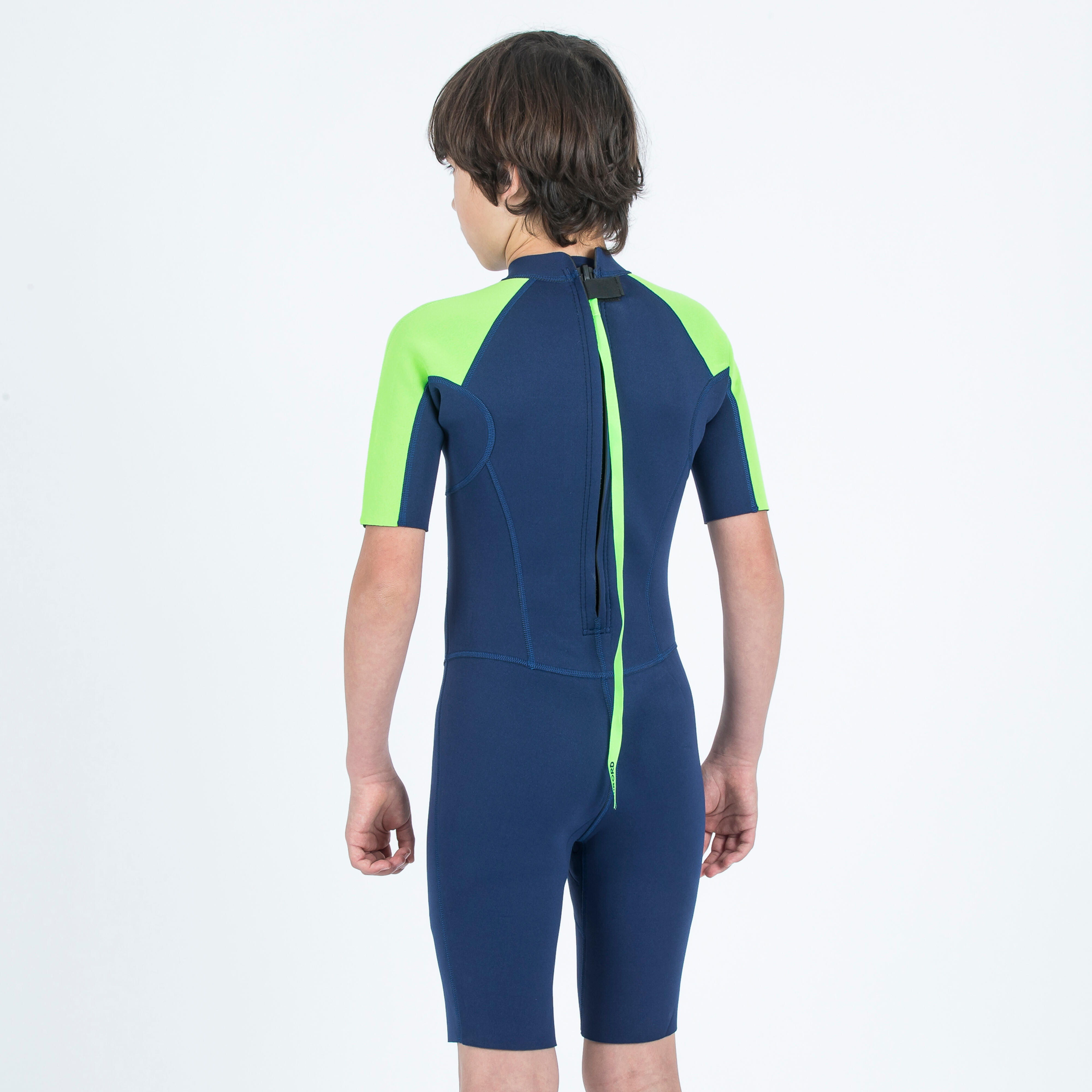 Kid's neoprene wetsuit - Shorty 100 - Navy blue, Vert fluo - Olaian ...
