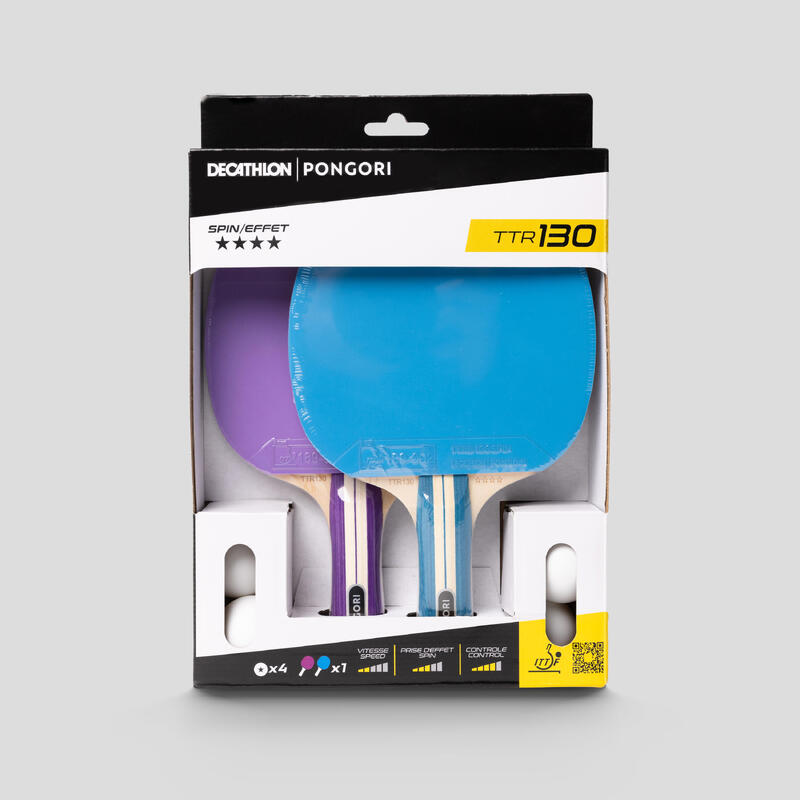 SET 2 PALAS TTR 130 SPIN 4* ITTF ESCUELA/CLUB VIOLETA/AZUL + PELOTAS ...