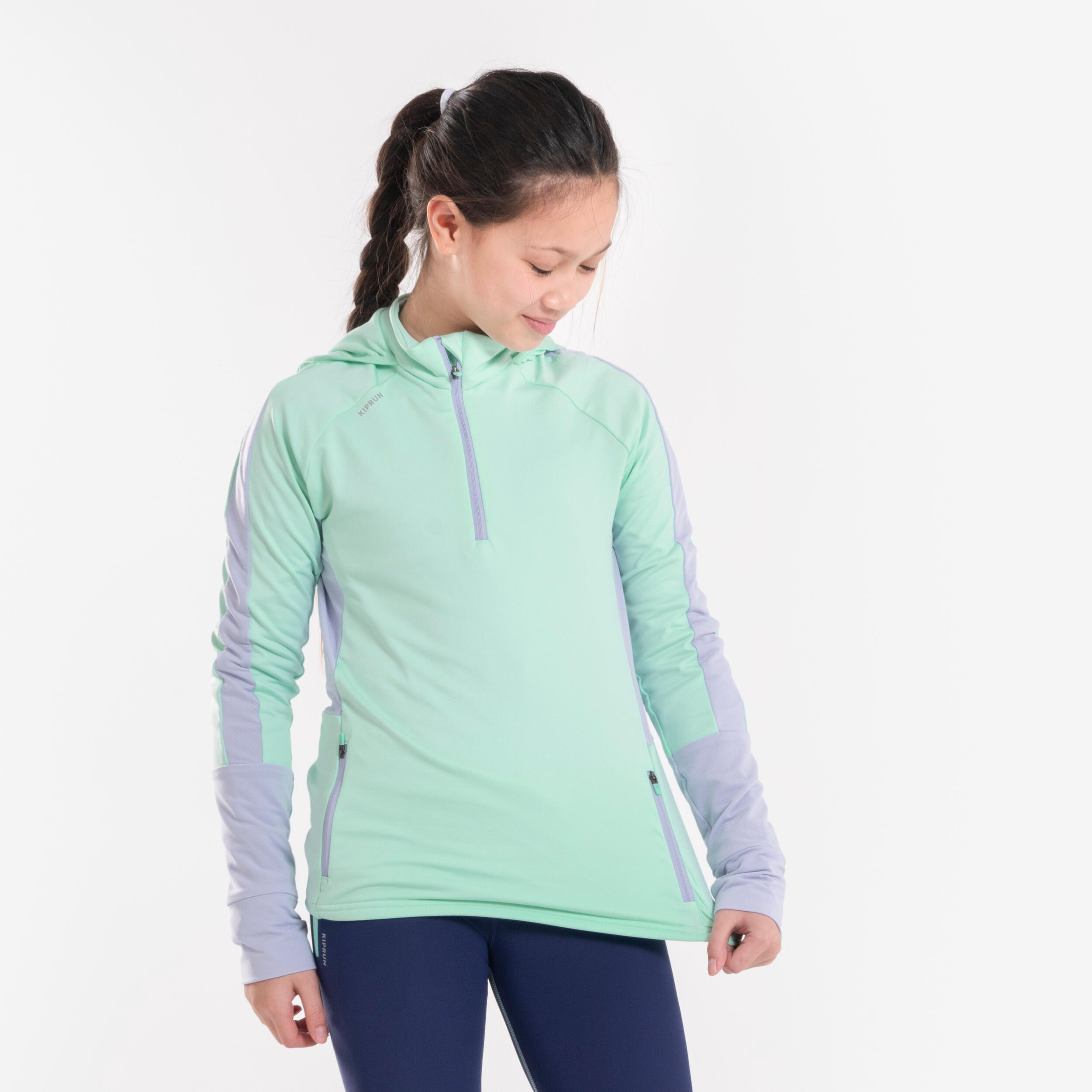 Girls' Warm Long-Sleeved Zipped T-Shirt KIPRUN WARM+ 900 - Green Grey ...