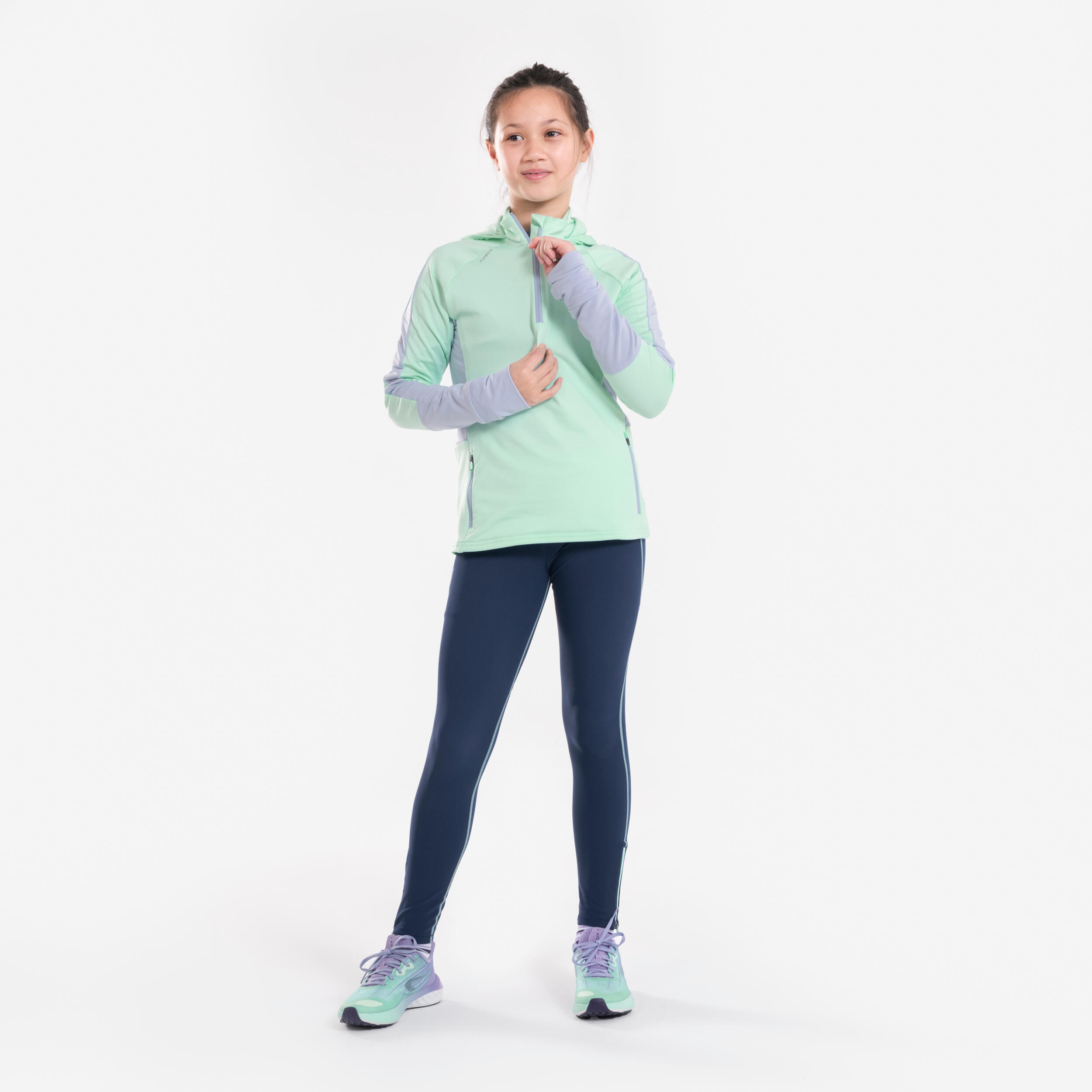 Girls' Warm Long-Sleeved Zipped T-Shirt KIPRUN WARM+ 900 - Green Grey ...