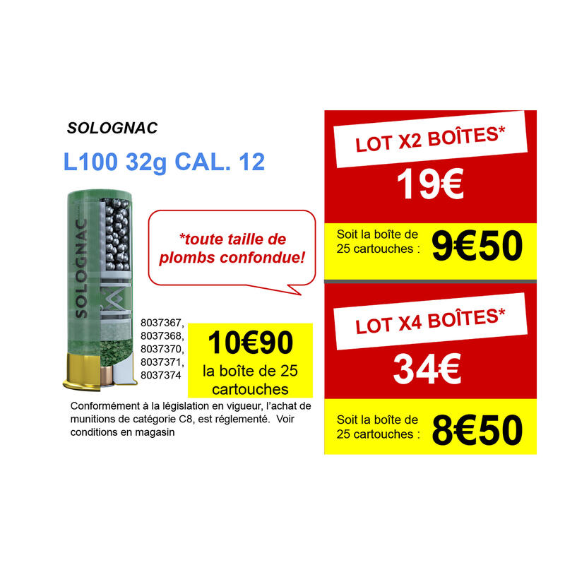 CARTOUCHE L100 32g CALIBRE 12/70 PLOMB N°7,5 X25 SOLOGNAC | Decathlon
