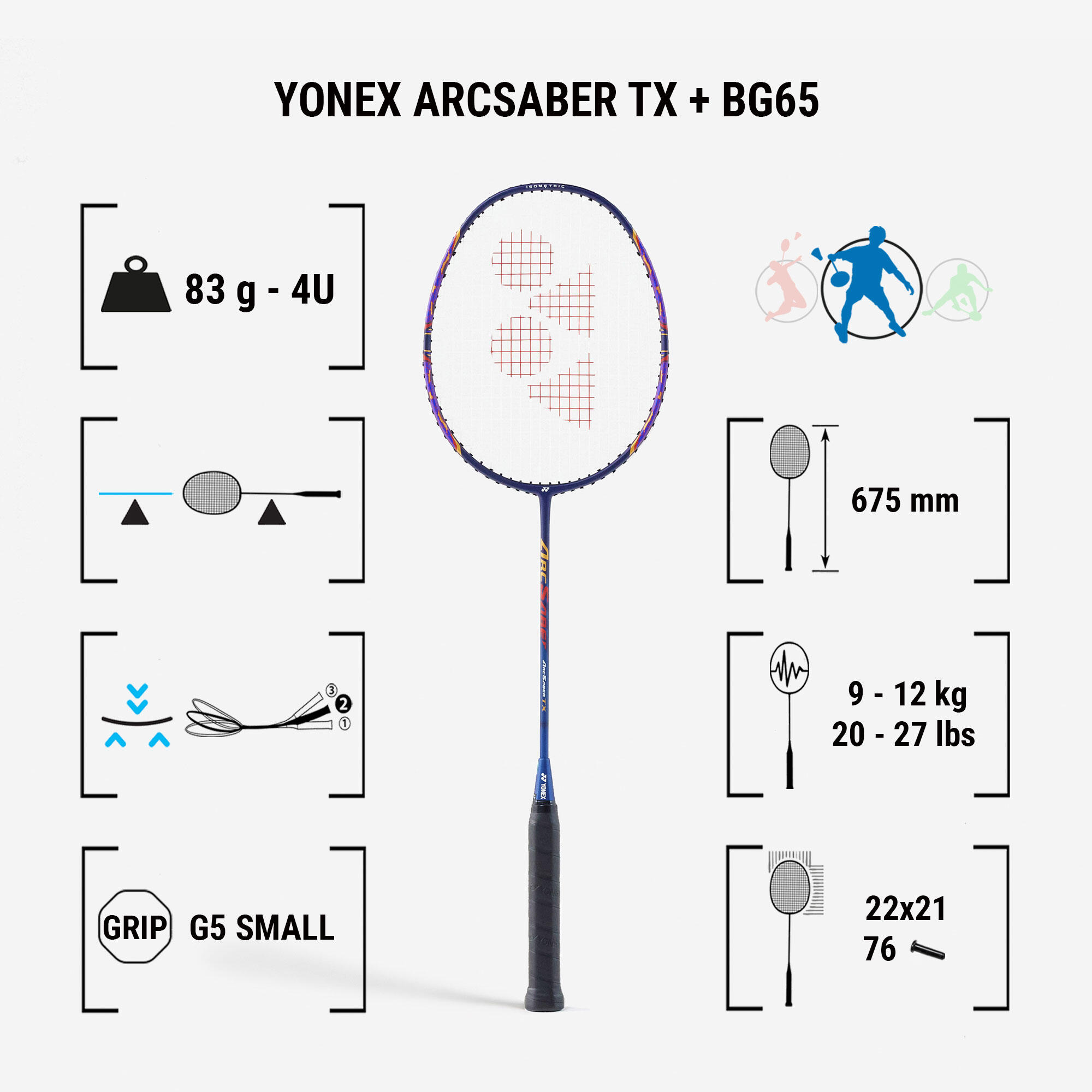 Badminton Racket with Overgrip Arcsaber TX + BG65 Strings + AC108 ...