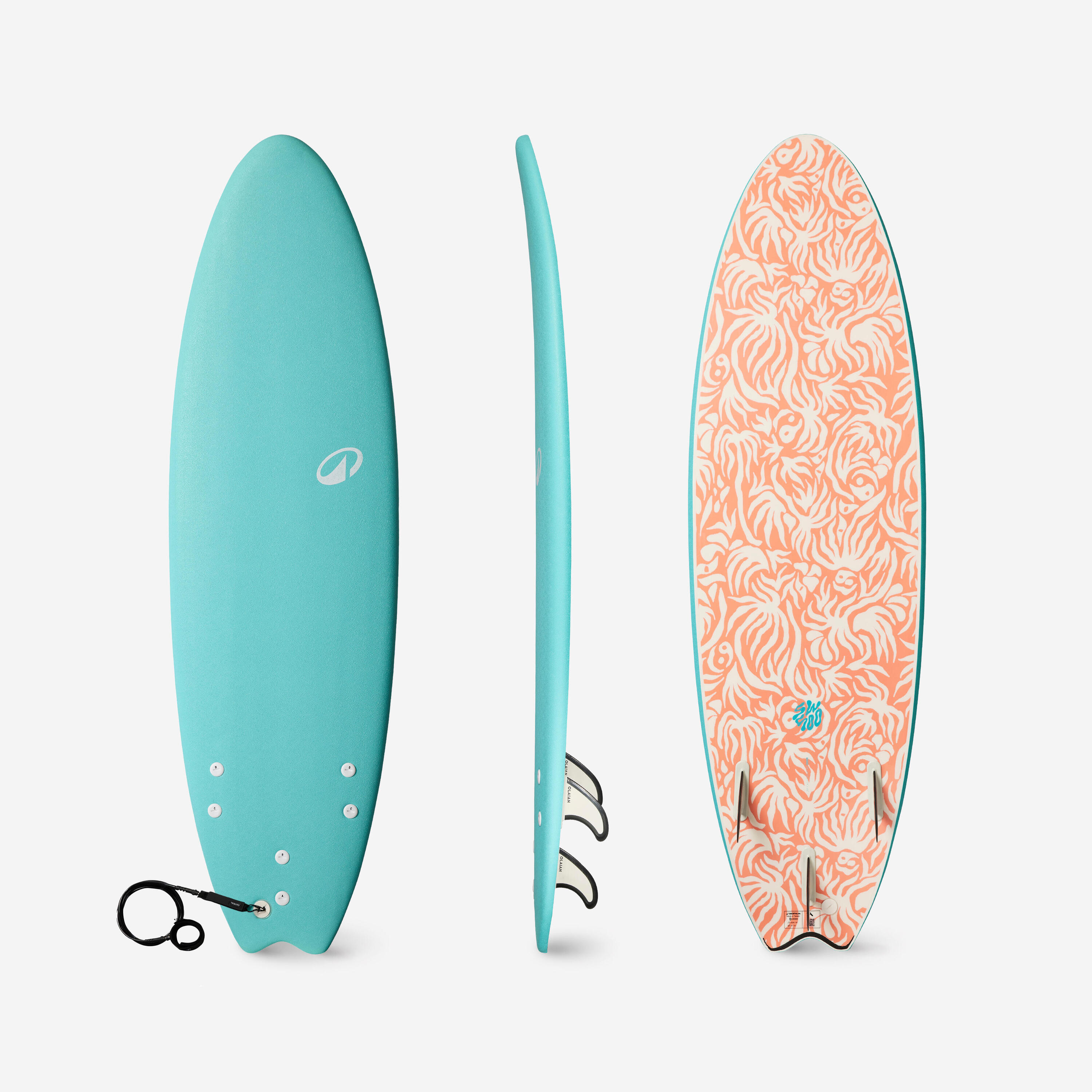 Planche de surf en mousse 6'6 swallow tail 55L - turquoise - Décathlon
