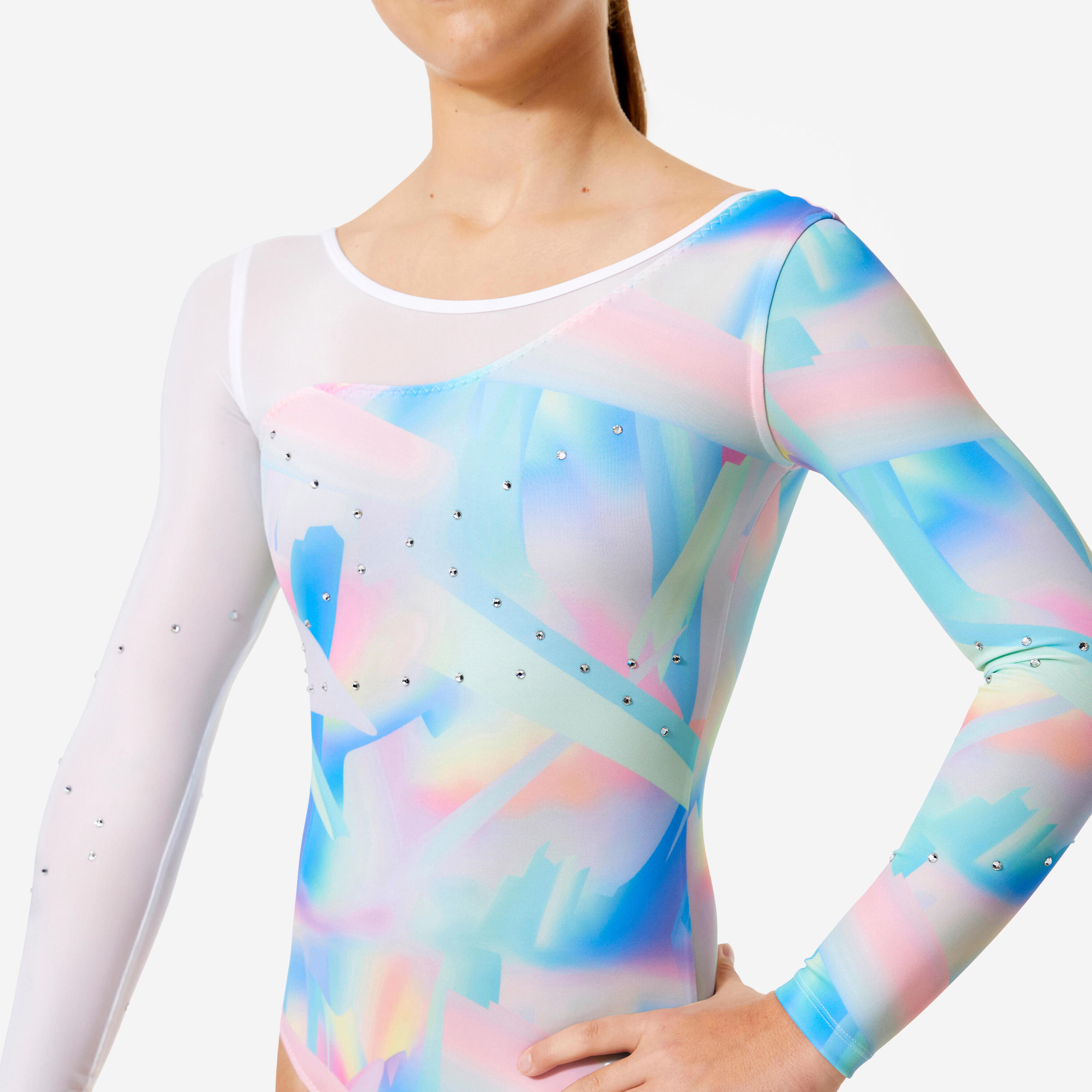 Girls' Long-Sleeved Sequined Gym Leotard - White DOMYOS | Decathlon