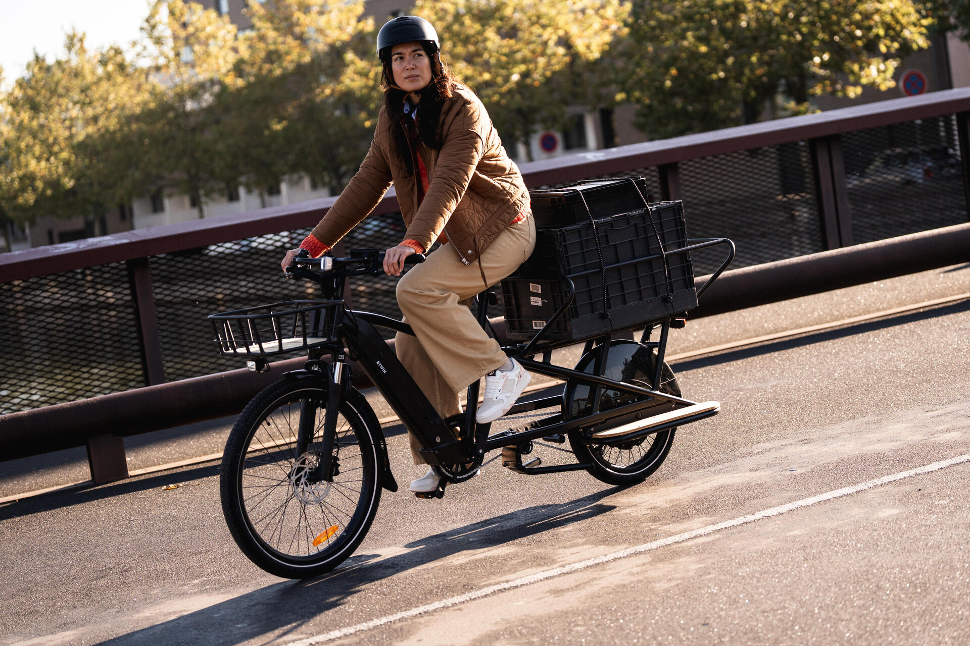 Rear Loading Electric Longtail Cargo Bike R500E - Beige BTWIN | Decathlon