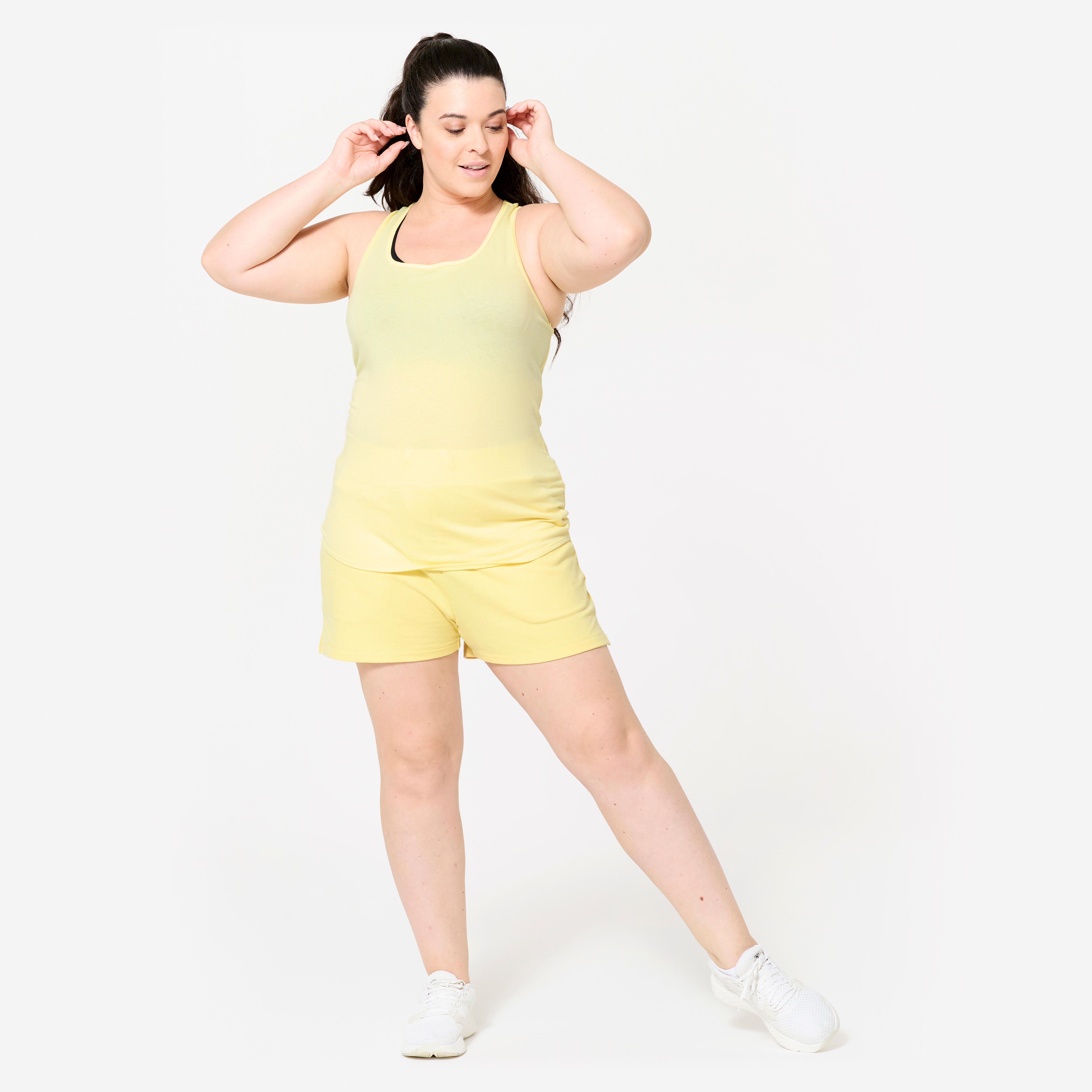 Women's High-Waisted Cotton Shorts, 520 - Pale yellow - Domyos - Decathlon