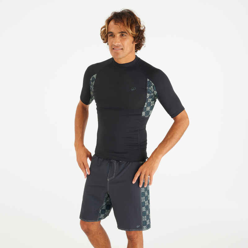 Men’s UPF50+ short-sleeved surf top - smoked black with chequered ...