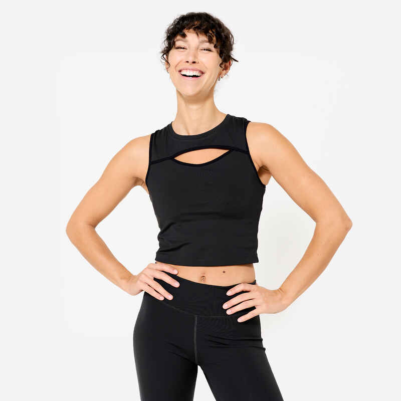 Women's Short Fitness Tank Top Front Opening - Black - Decathlon