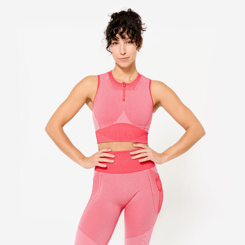 DOMYOS - Maiou crop respirant fără cusături, Roșu-Roz, Damă | Decathlon