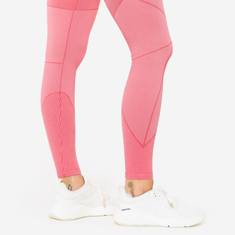 DOMYOS - Colanți fitness fără cusături talie înaltă Roșu-roz Damă ...