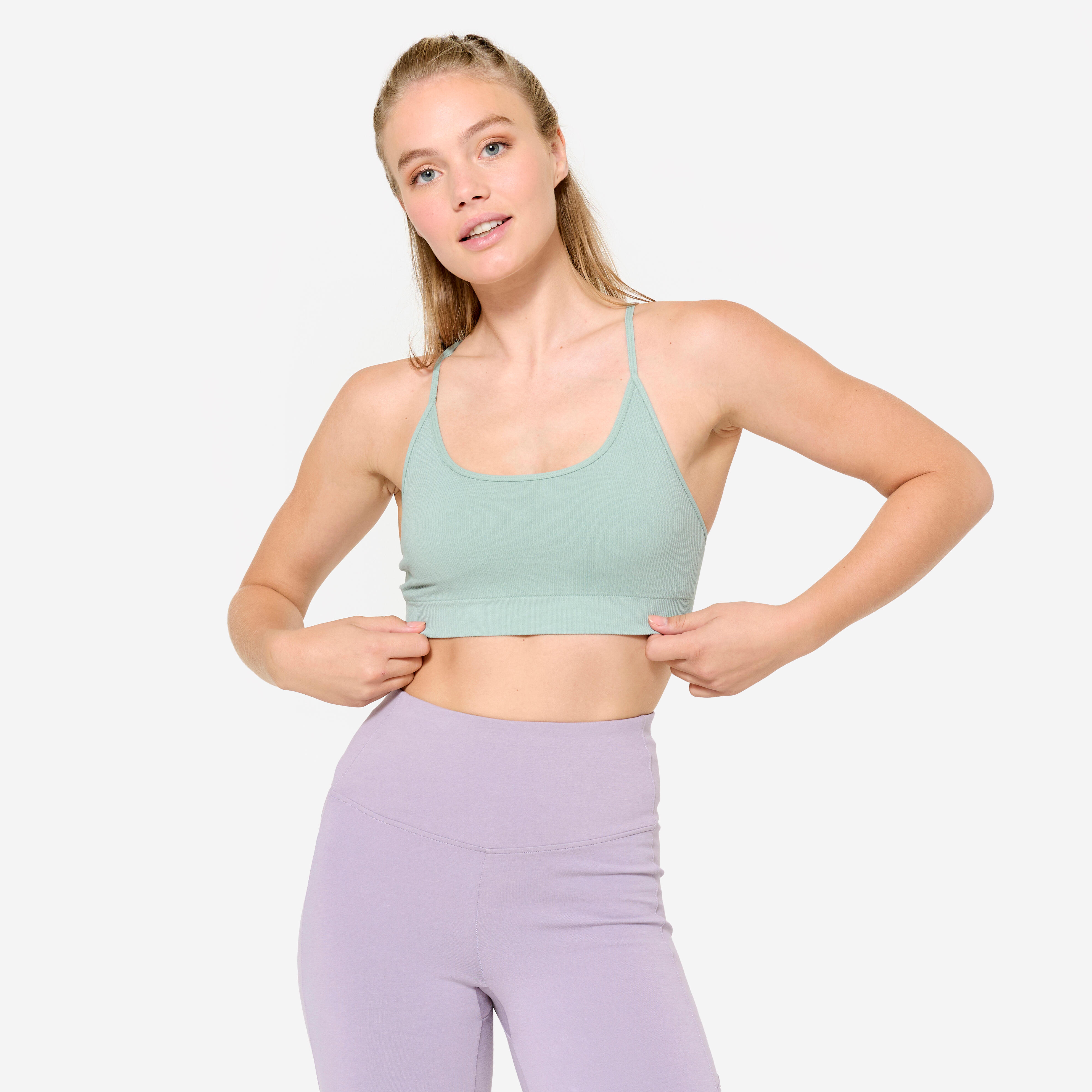 Women's Light Support Seamless Ribbed Sports Bra - Khaki Green - Decathlon