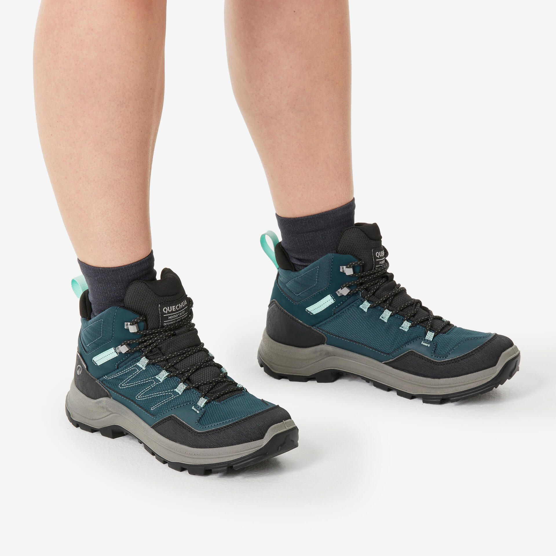 Women’s waterproof hiking boots, MH100 - Green and Grey